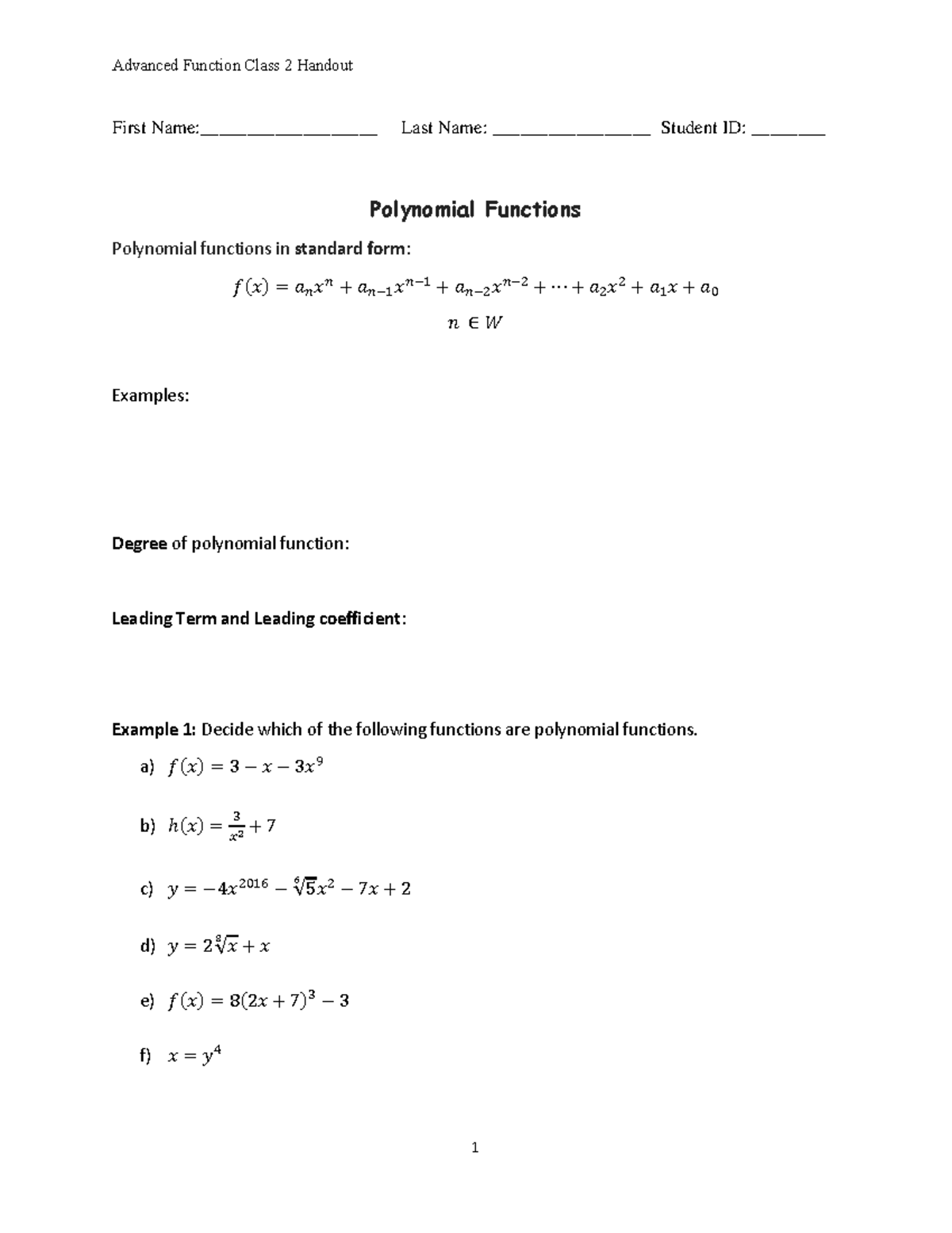 Class 02 Advanced Functions Handout Feb14-18 - First Name:___________________ Last Name: - Studocu