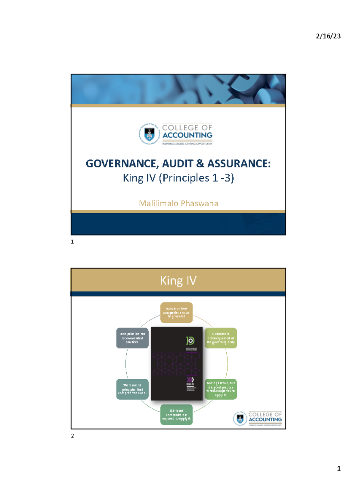 Week 2 king iv(Ethics) - GOVERNANCE, AUDIT & ASSURANCE: King IV (Principles 1 -3) Malilimalo ...