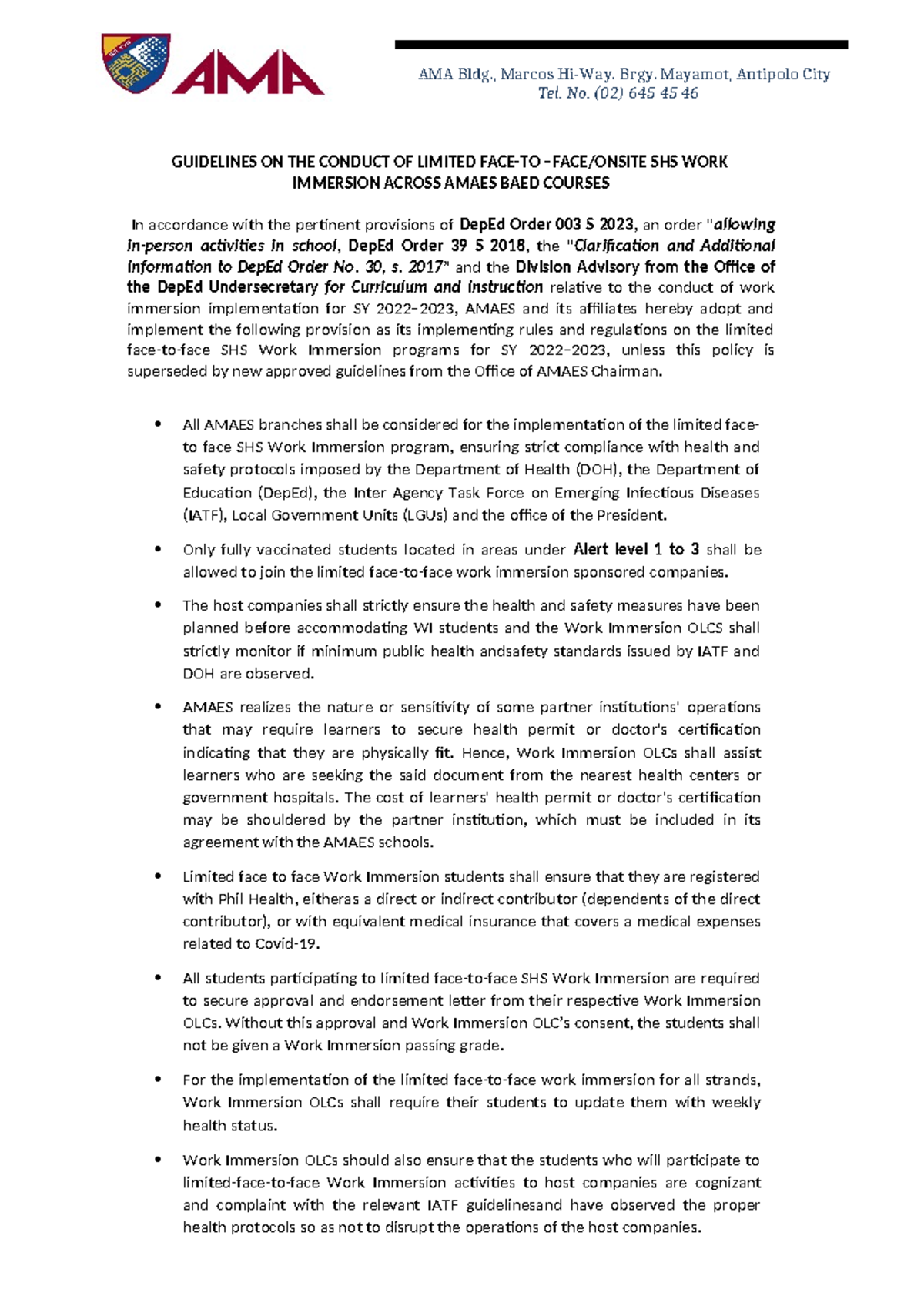 Guidelines ON THE Conduct OF F2F Onsite SHS WORK Immersion - AMA Bldg ...