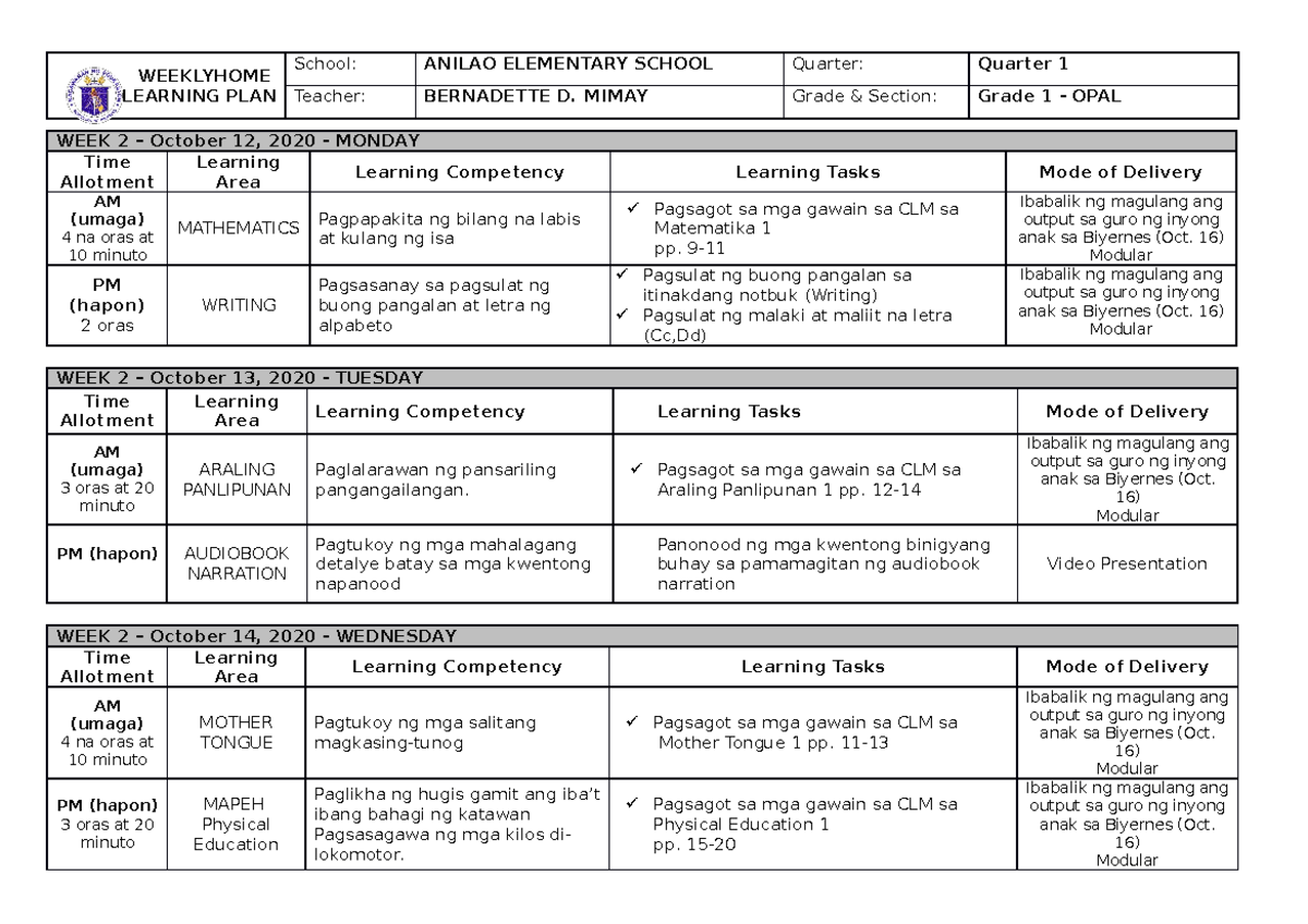 WHLP-Q1W2 - Activities for week 2 - WEEKLYHOME LEARNING PLAN School ...