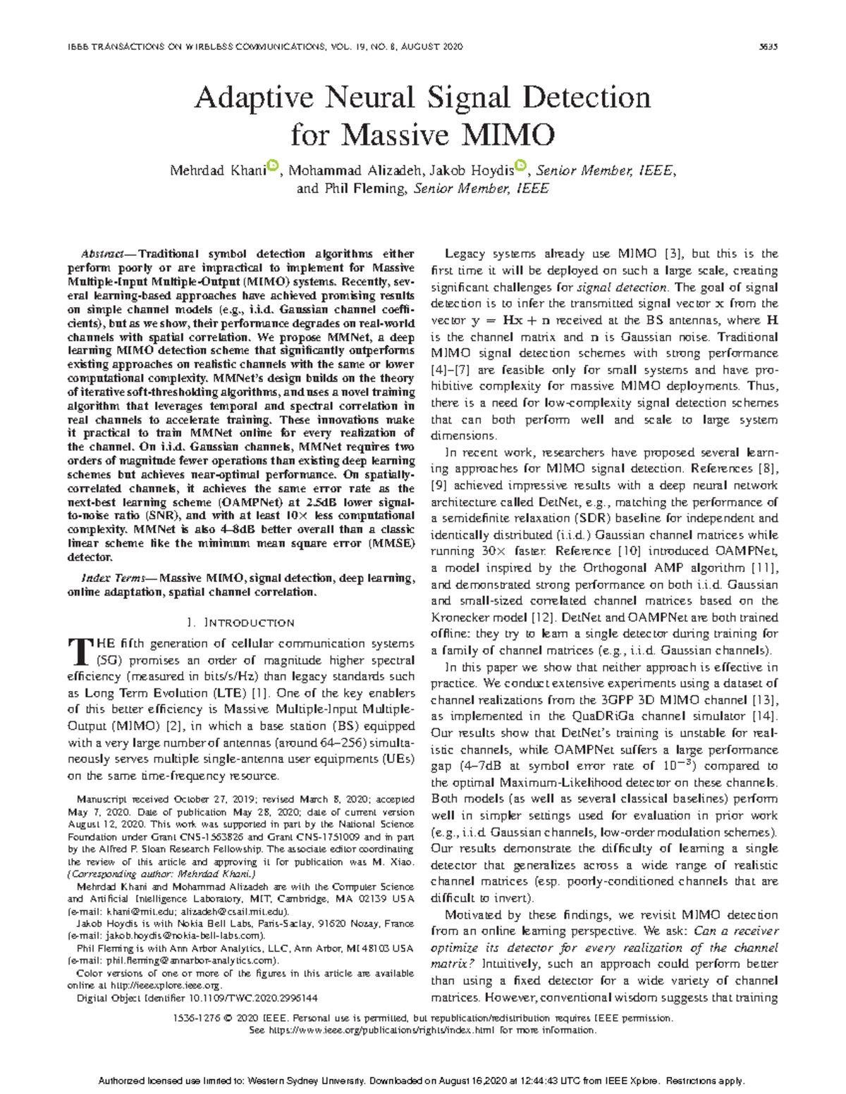 Adaptive Neural Signal Detection - IEEE TRANSACTIONS ON WIRELESS ...