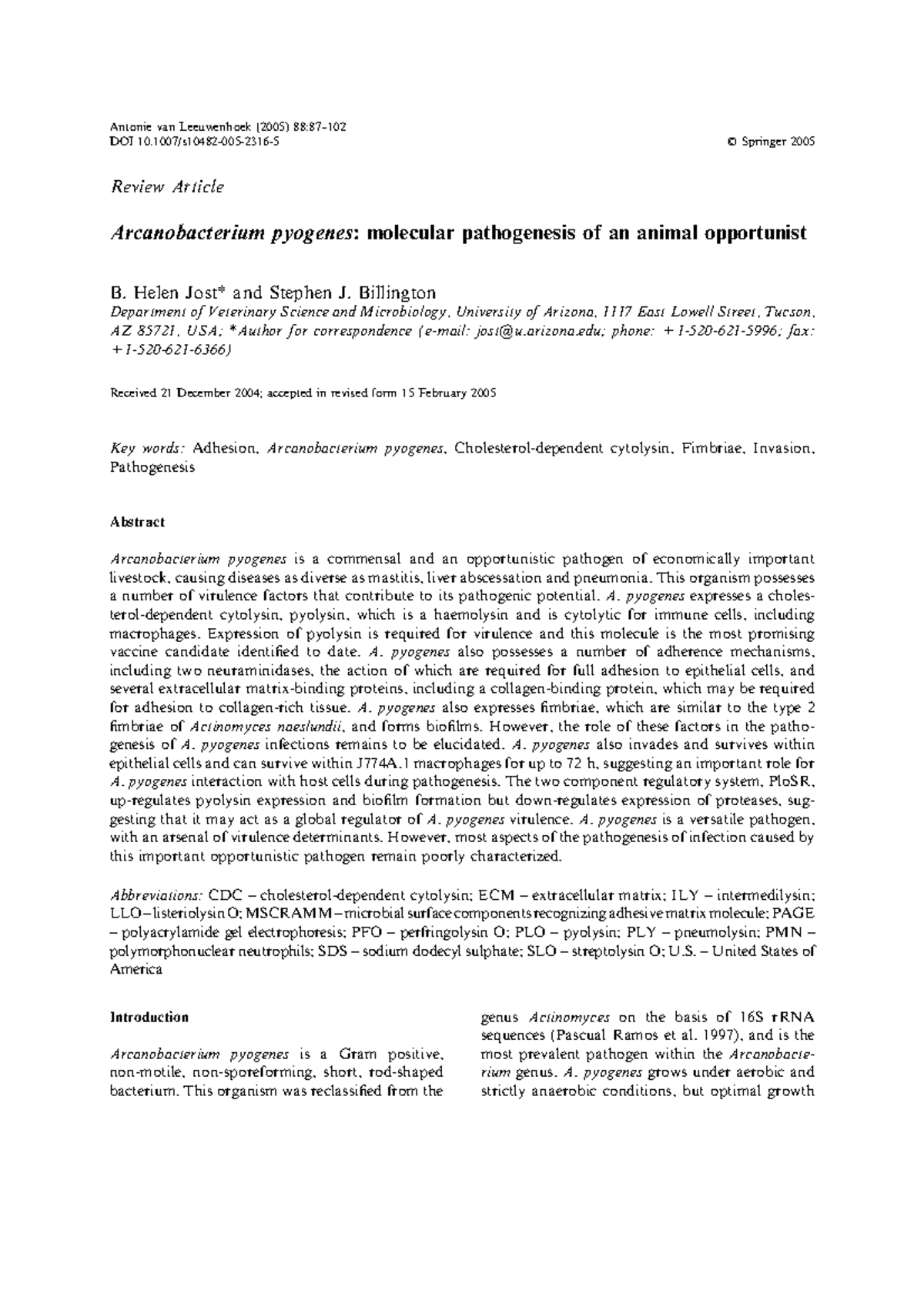 Arcanobacterium pyogenes: molecular pathogenesis of an animal ...
