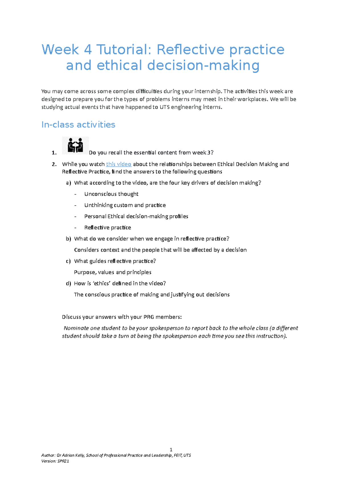 Week 4 Tutorial in class activities Engineering ethics 1 Reflective ...