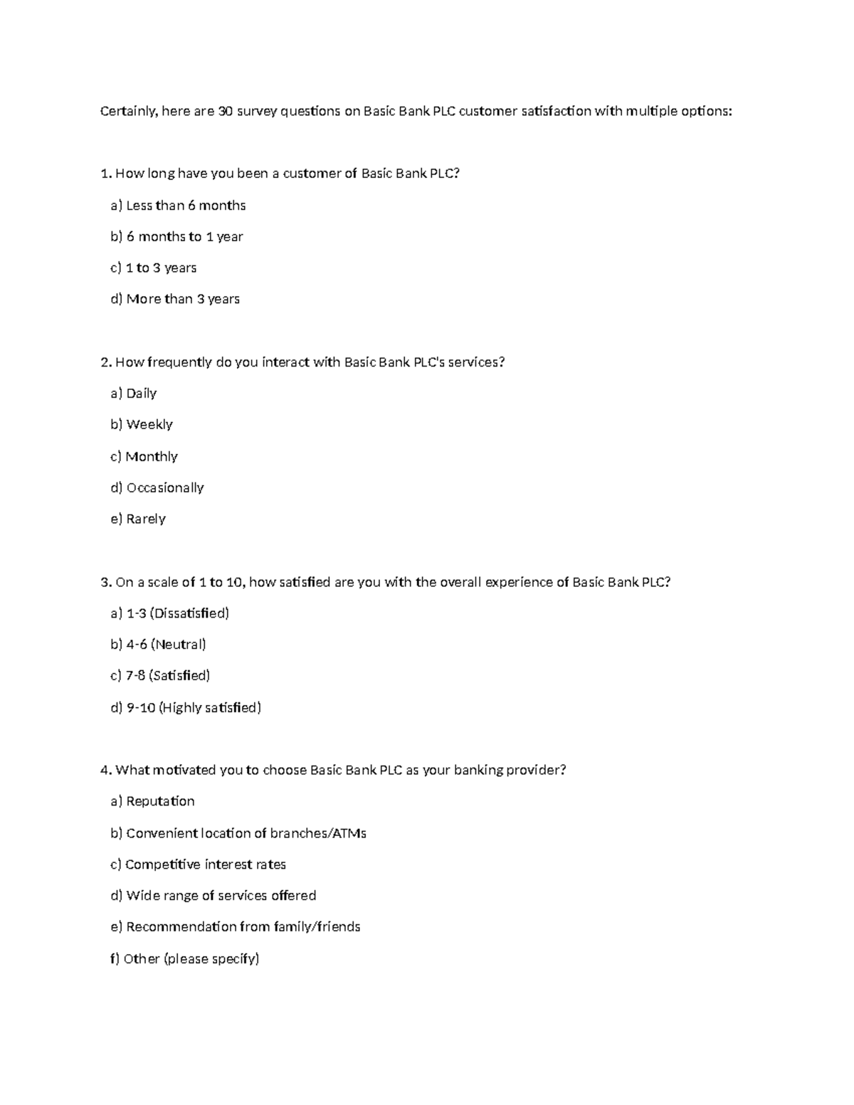 Internship Survey - Certainly, here are 30 survey questions on Basic ...