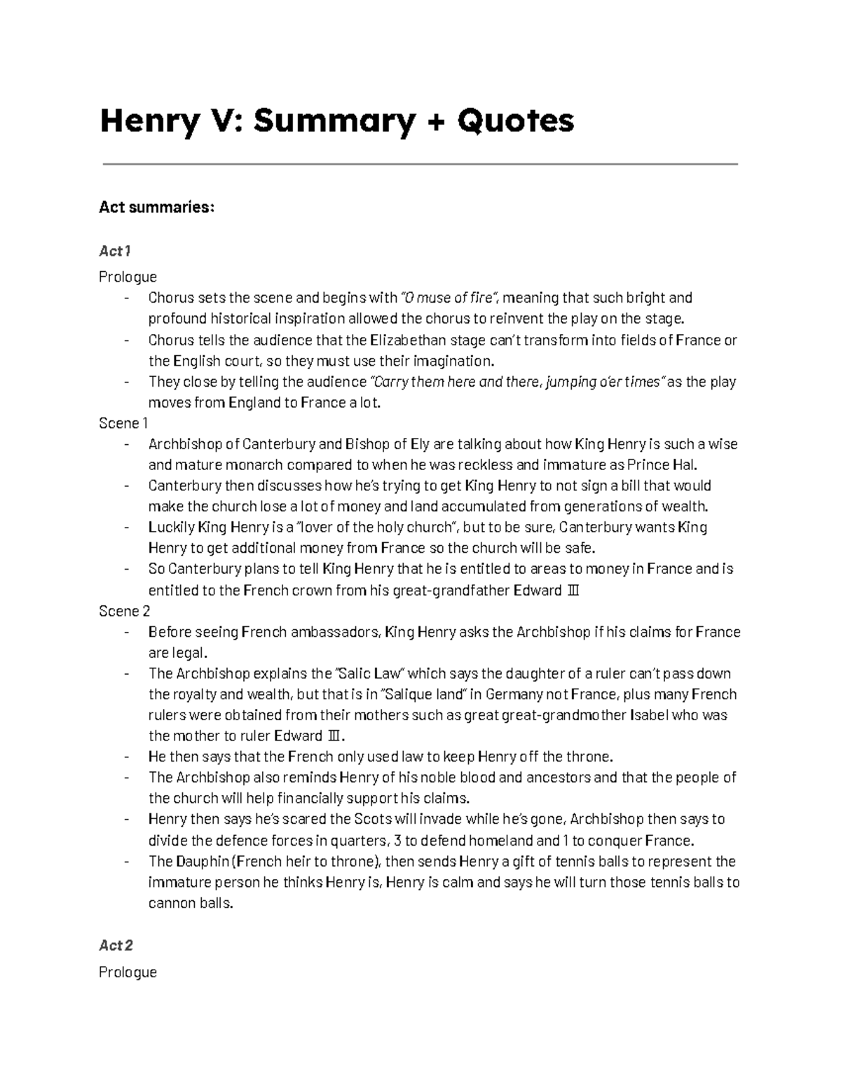 Henry v study notes - Henry V: Summary + Quotes Act summaries: Act 1 ...
