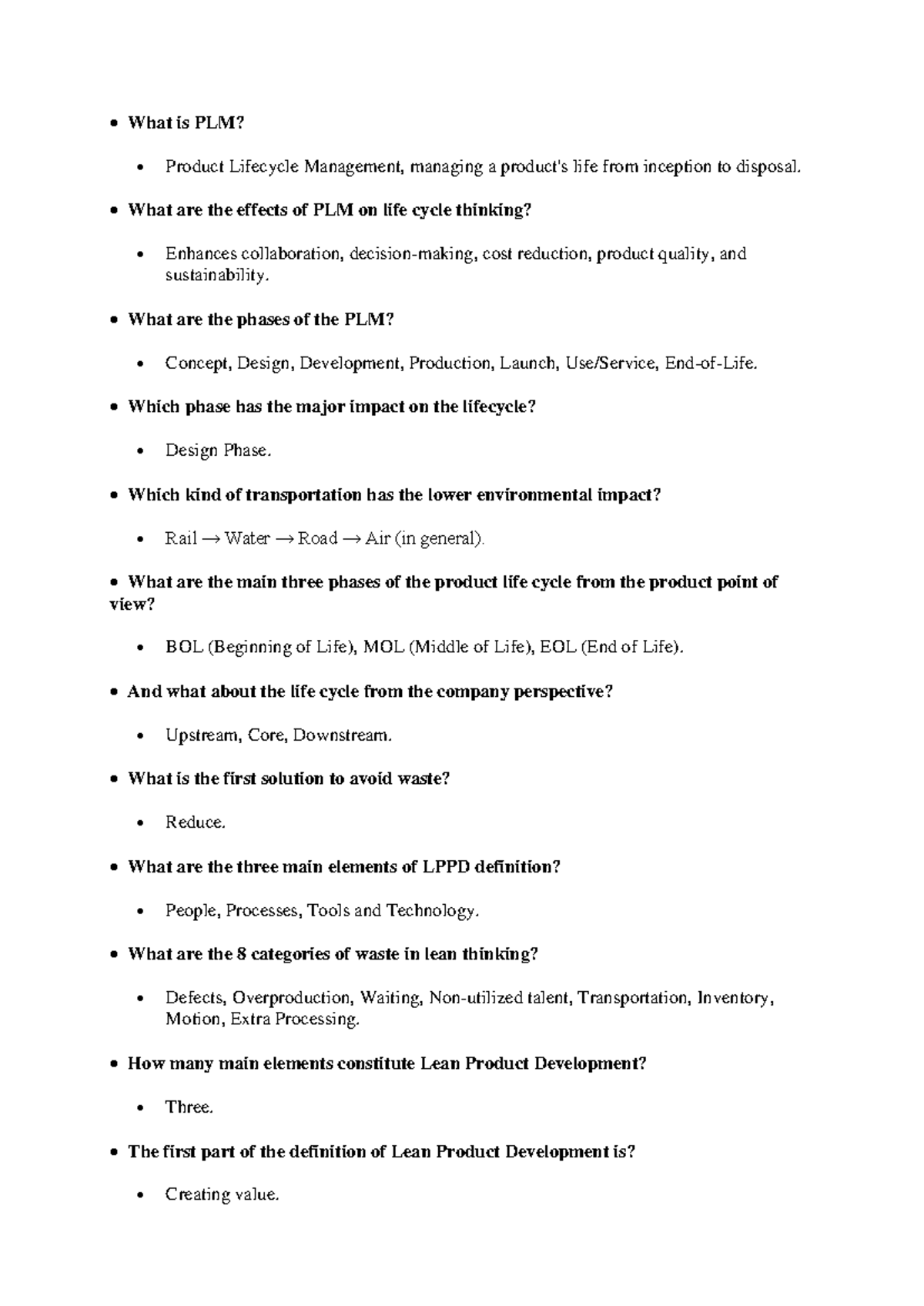Exam questions - q/a - • What is PLM? • Product Lifecycle Management ...