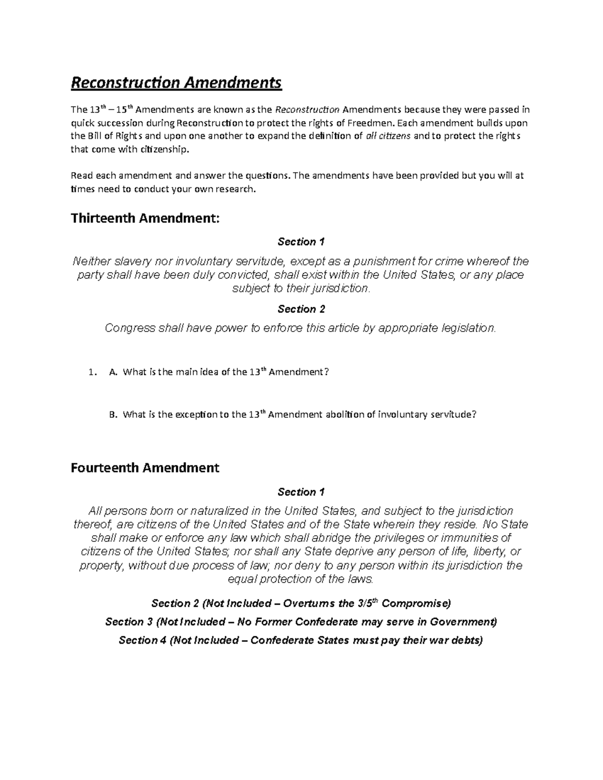 Reconstruction Amendments - Each amendment builds uponth – 15th ...