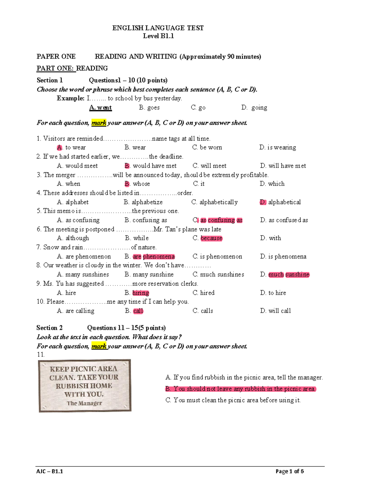 B1 - Đề thi tiếng ANh học phần - ENGLISH LANGUAGE TEST Level B1. PAPER ...