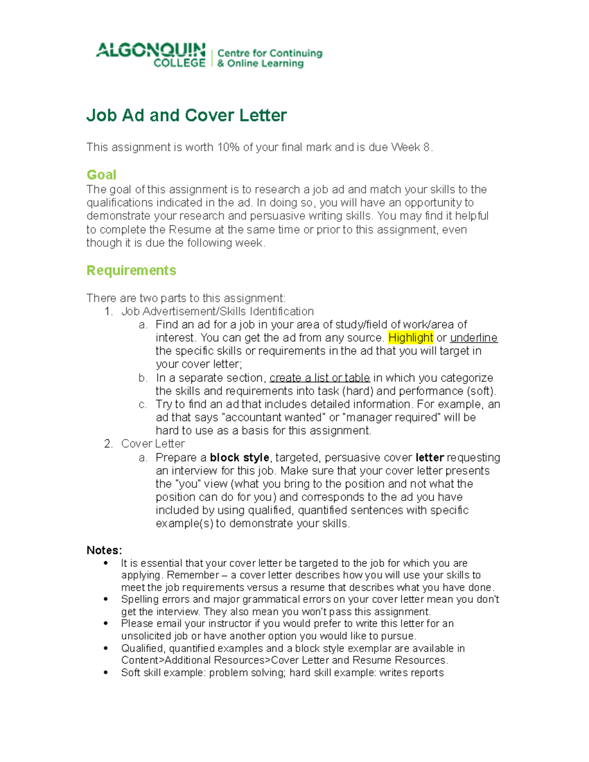 4 Job Ad and Cover Letter with Rubric f19 - Job Ad and Cover Letter ...
