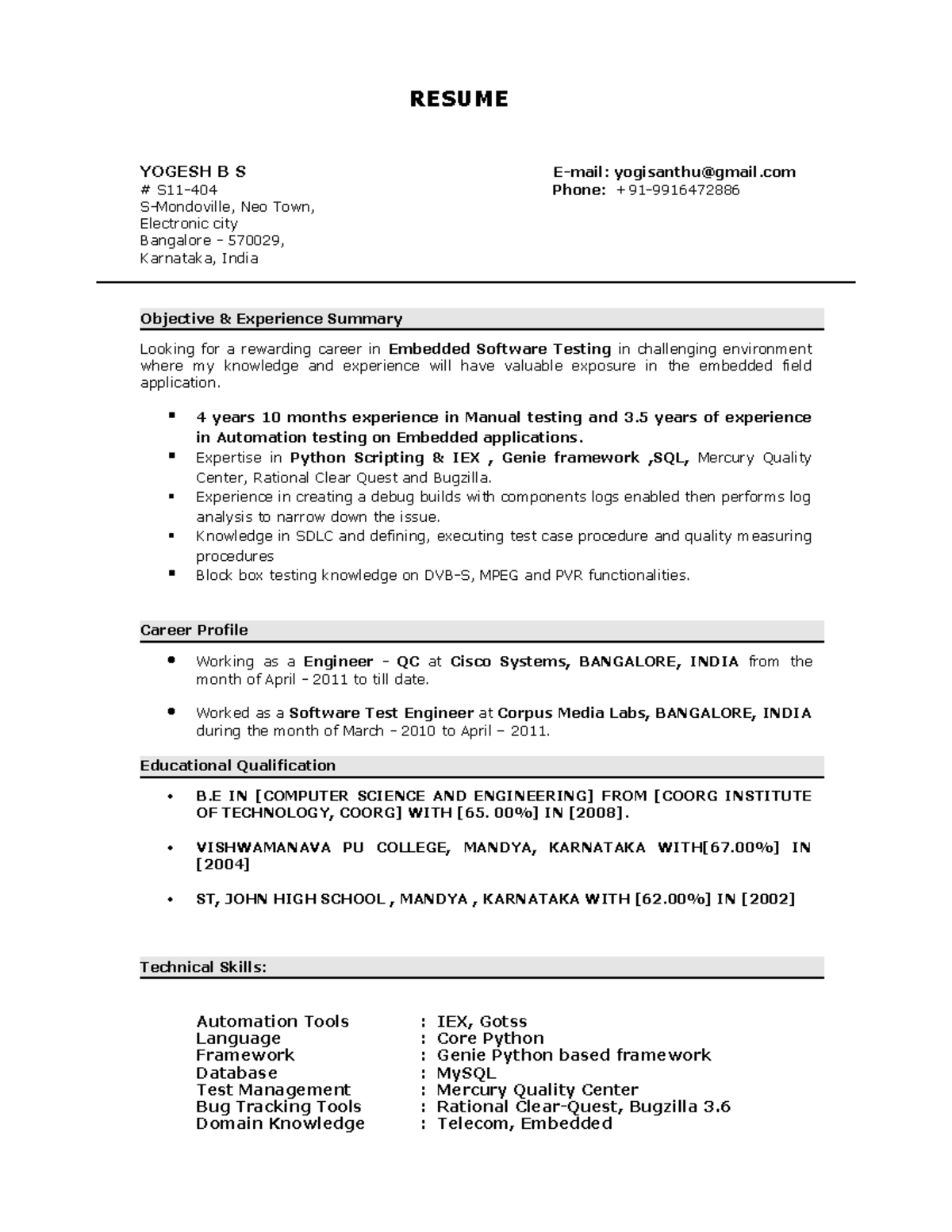 Yogesh Resume 4 - test - RESUME YOGESH B S E-mail: yogisanthu@gmail ...