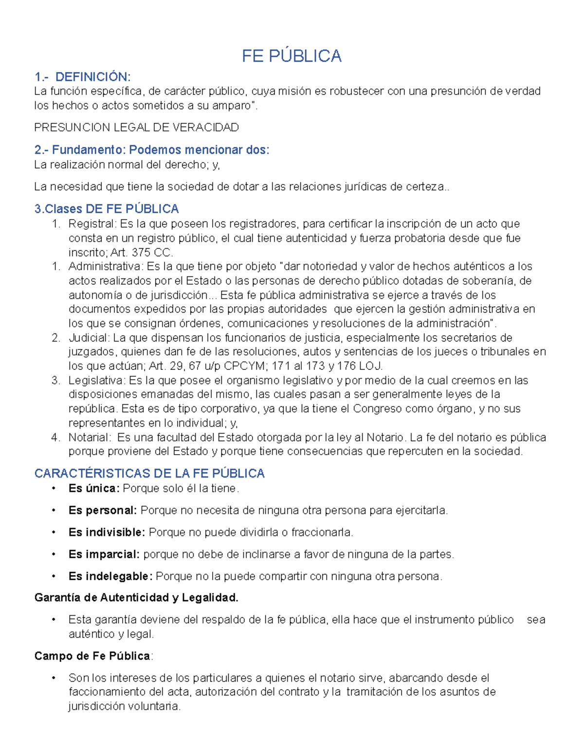 FE Pública - Fe publica notarial - FE PÚBLICA 1.- DEFINICIÓN: La ...