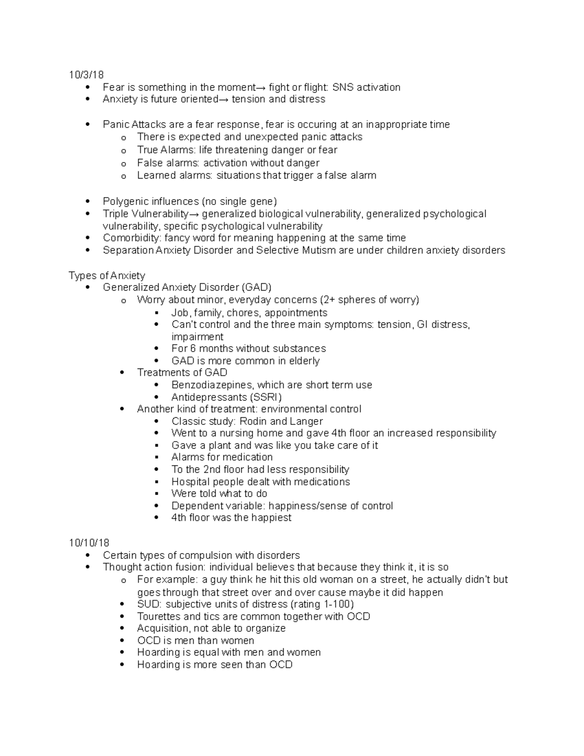 Abnormal psych notes - 10/3/18 Fear is something in the moment→ fight ...