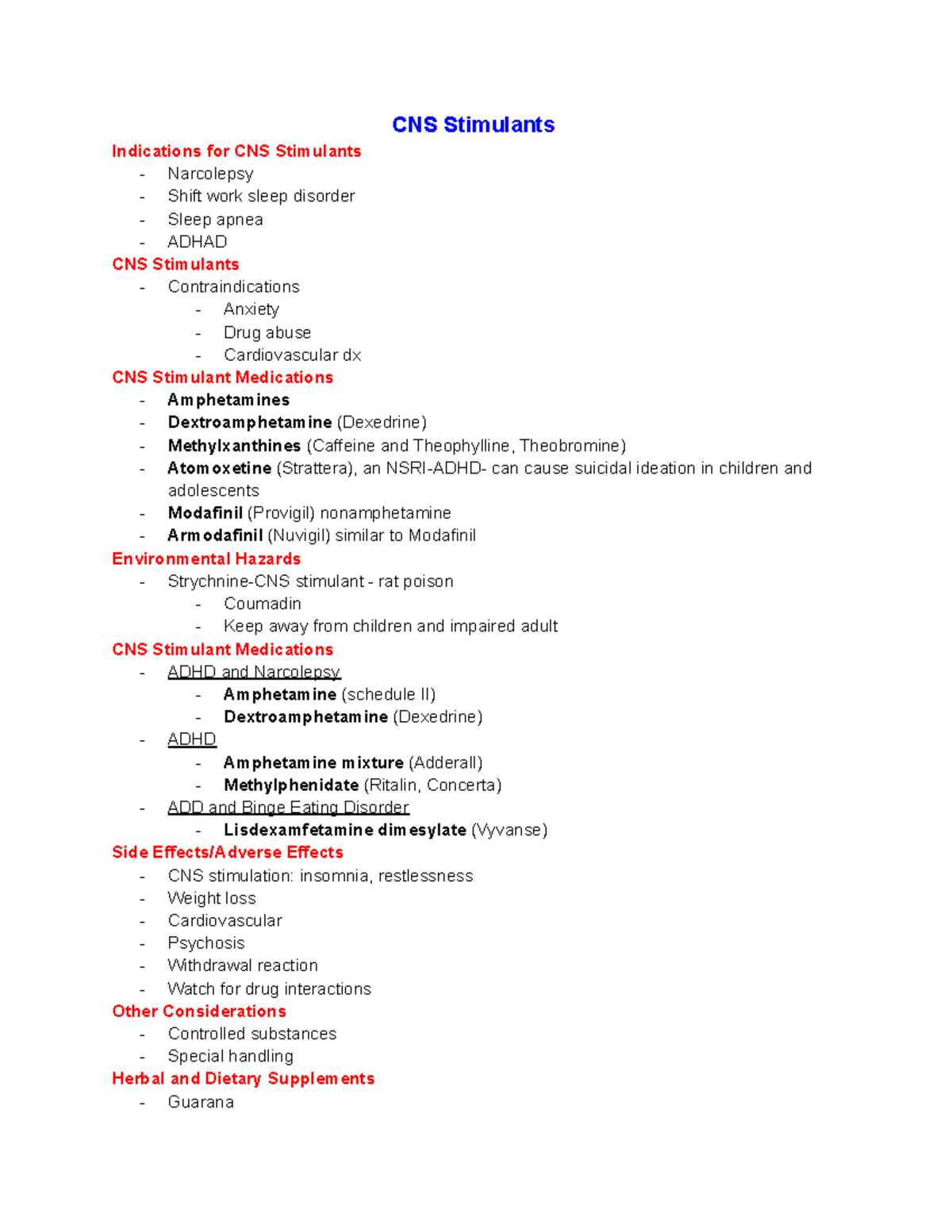 Stimulants, Abuse and Seizure Drugs - CNS Stimulants Indications for ...