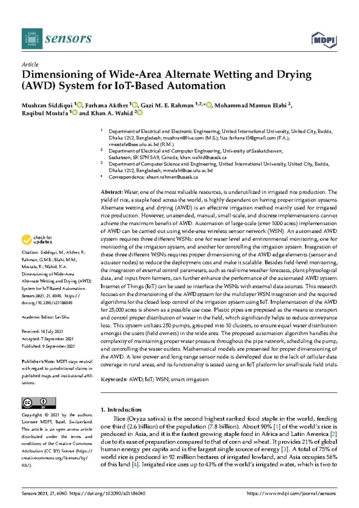 Dimensioning of wide-area alternate wetting and drying (Awd) system for ...