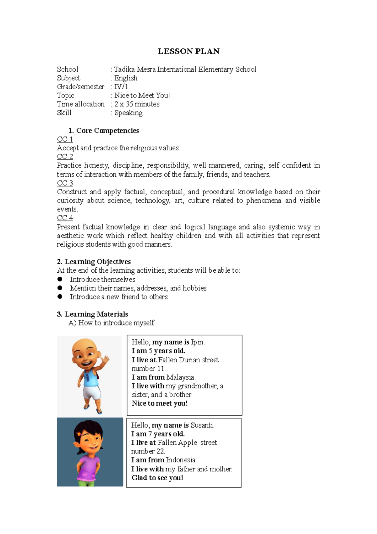 Lesson Plan Introduction For Grade IV K13 Curriculum LESSON PLAN