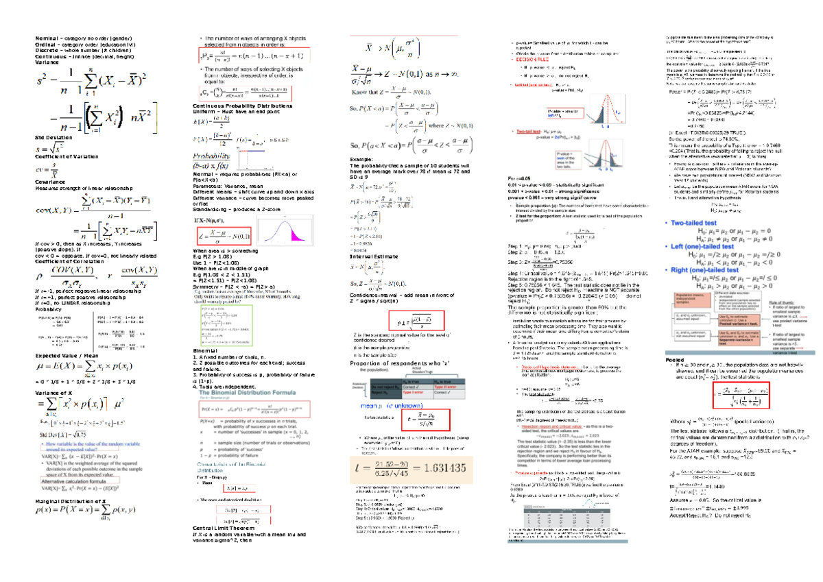 Stats notes - Used for final exam. Missing a little bit of later ...