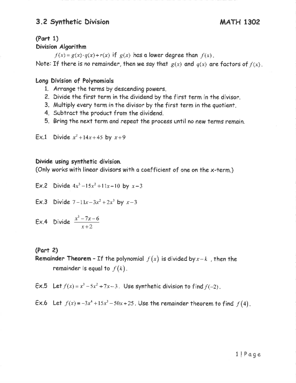 College Algebra Chapter 3.2 - 3 Synthetic Division MATH 1302 (Part 1 ...