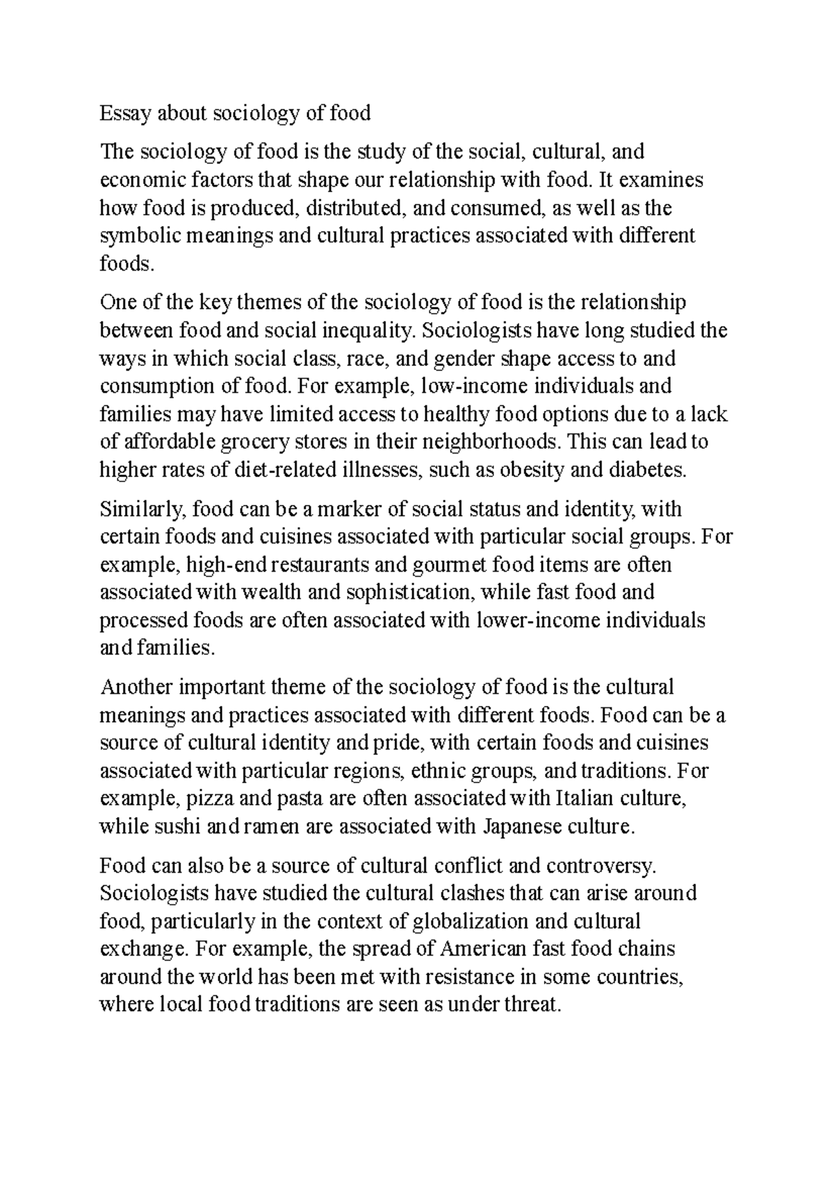Essay about sociology of food - It examines how food is produced ...