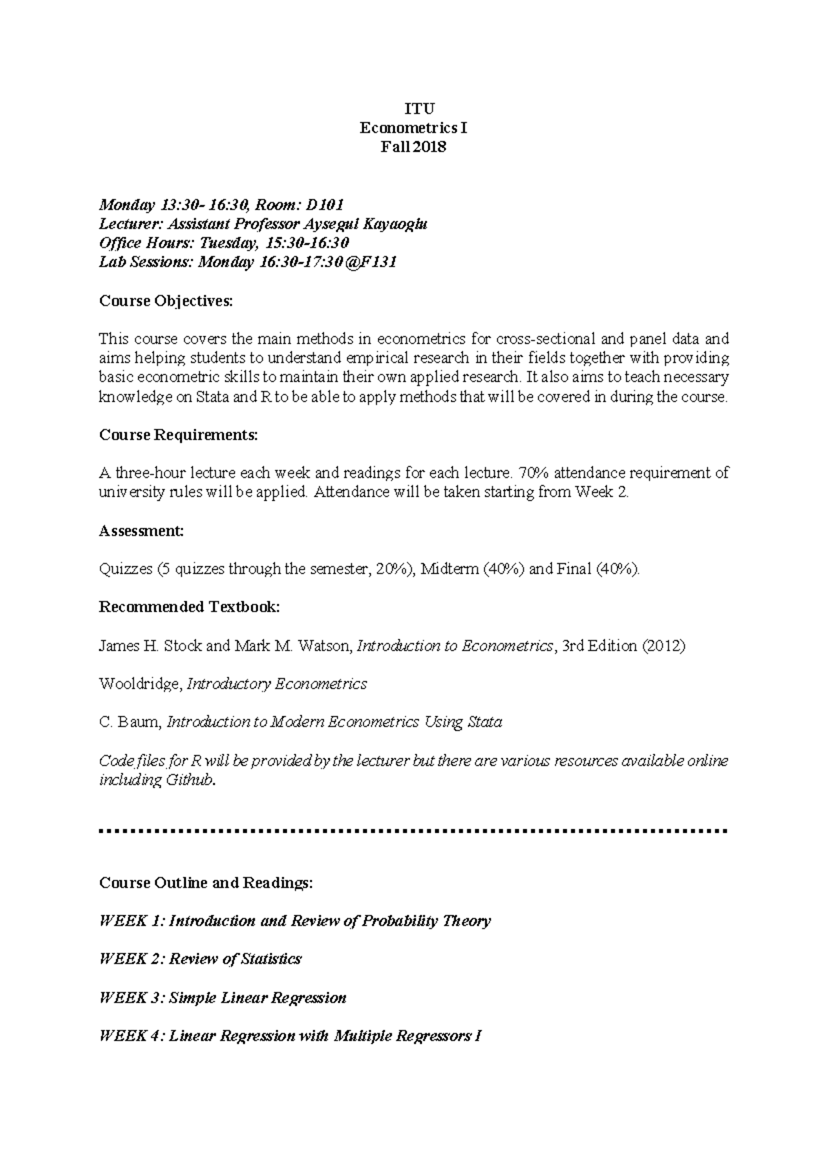 ECN301E syllabus - asa - ITU Econometrics I Fall 2018 Monday 13:30- 16: ...