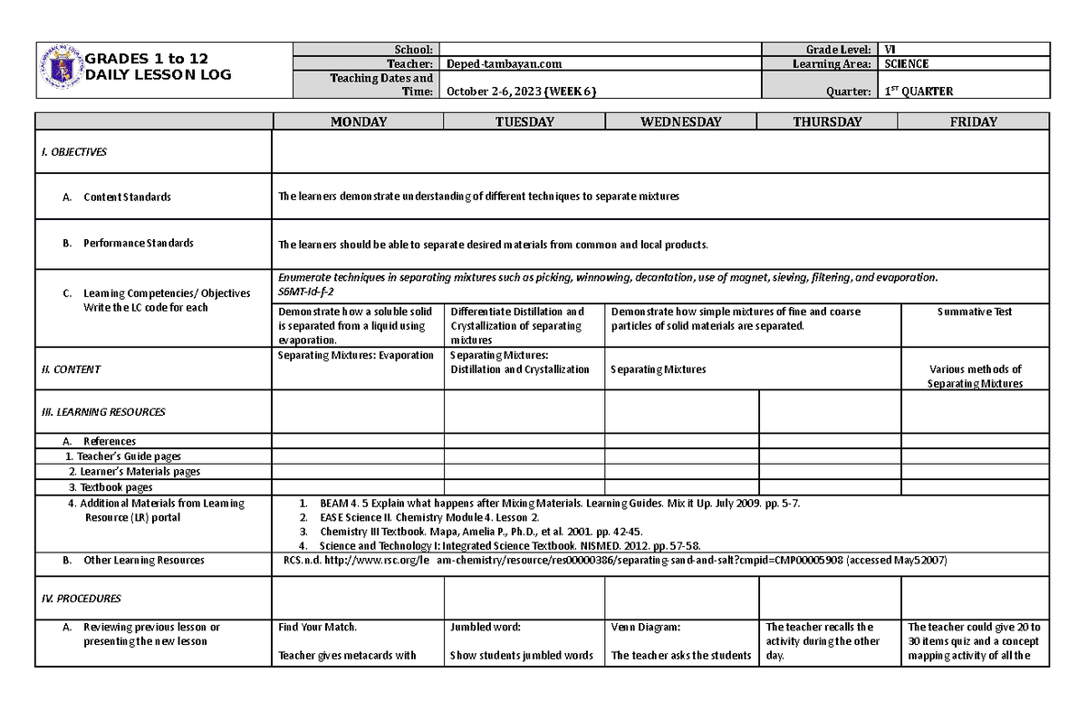 DLL Science 6 Q1 W6 verified melc based - GRADES 1 to 12 DAILY LESSON ...