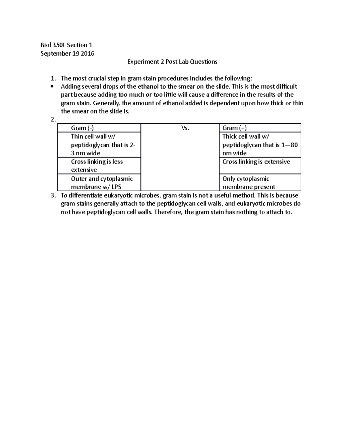 Bio350 E2PLQ - post lab questions - Biol 350L Section 1 September 19 ...