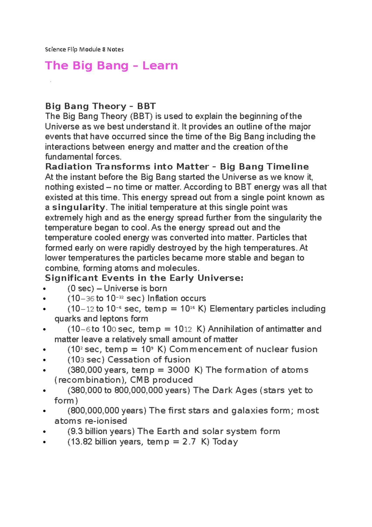 Science Flip Module 8 Notes - Science Flip Module 8 Notes The Big Bang ...