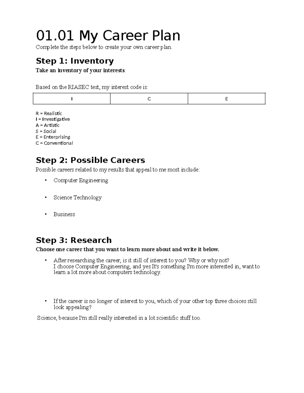 TT's career plan - 01 My Career Plan Complete the steps below to create ...