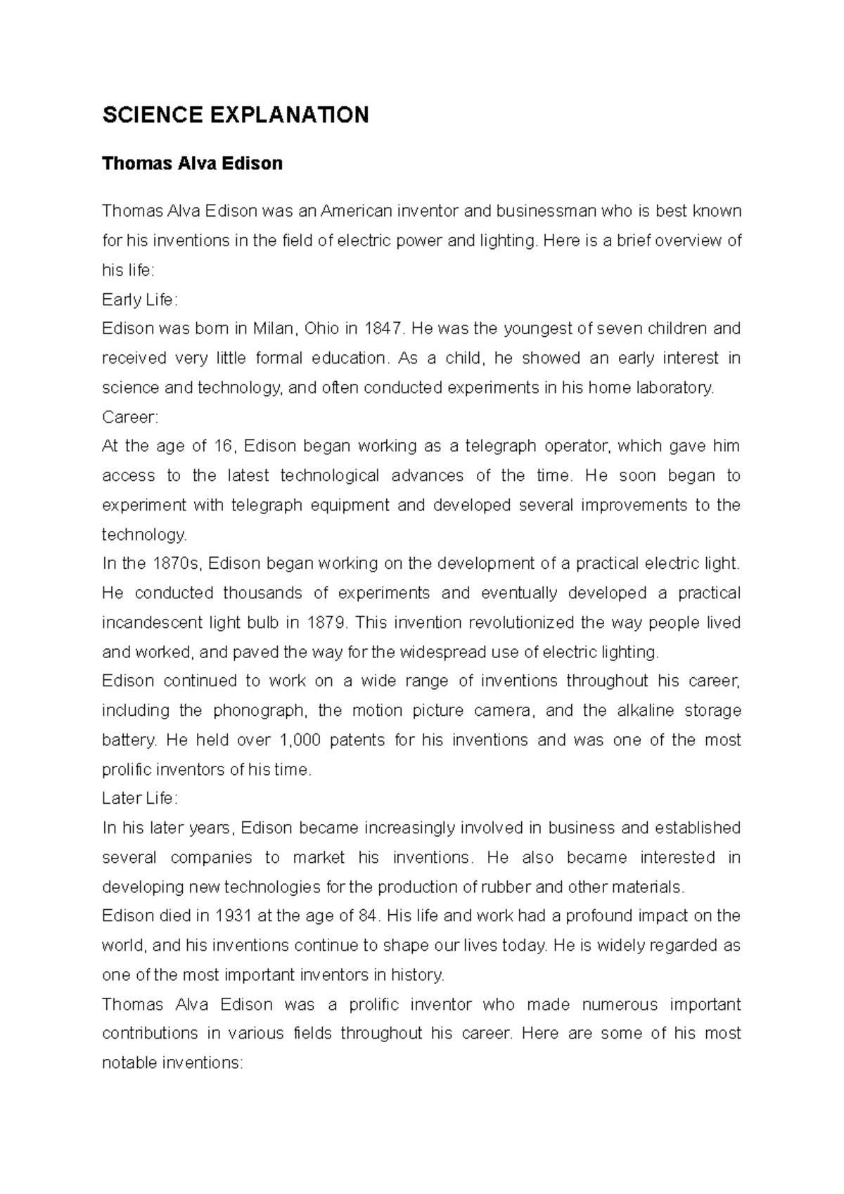 Science - Thomas Alfa Edisn - SCIENCE EXPLANATION Thomas Alva Edison ...