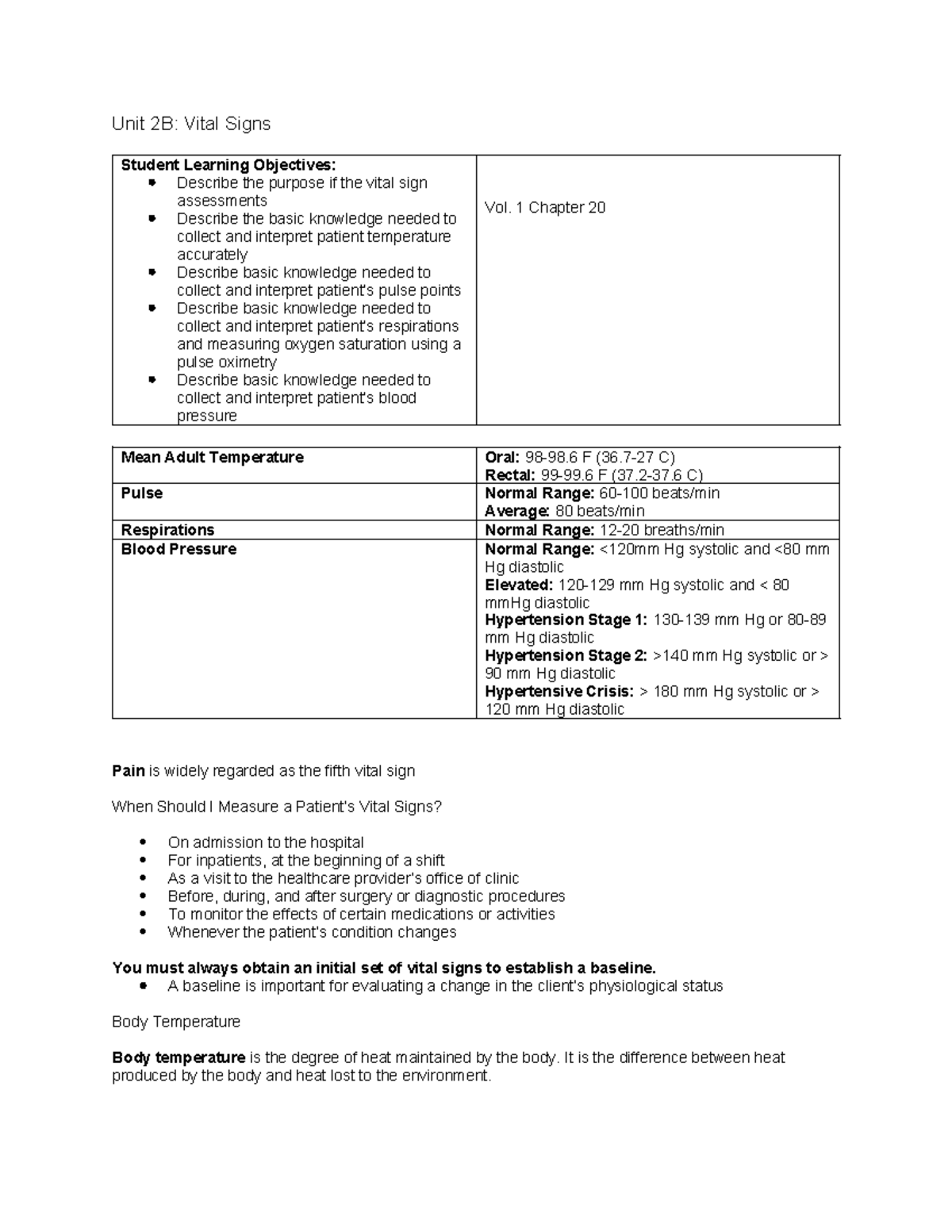 Unit 2B Vital Signs Notes - Unit 2B: Vital Signs Student Learning ...