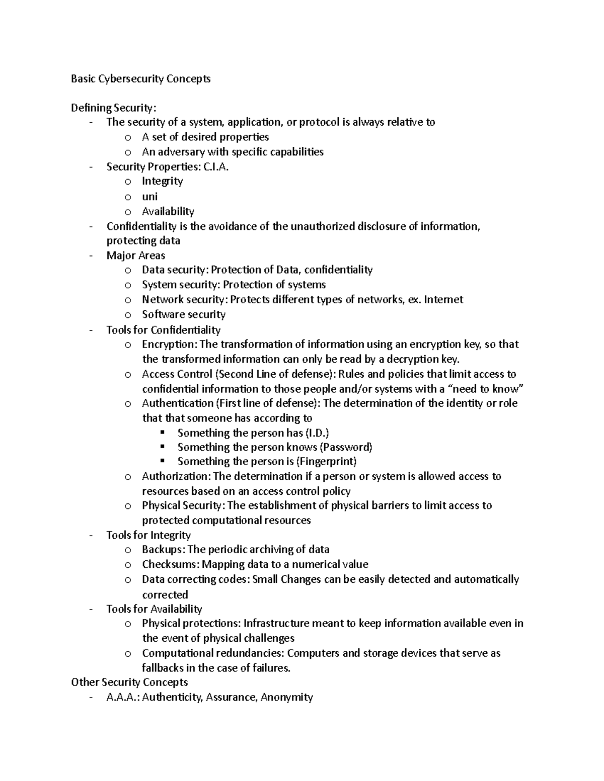 Cis 102 Part 1 Lecture Notes Basic Cybersecurity Concepts Defining