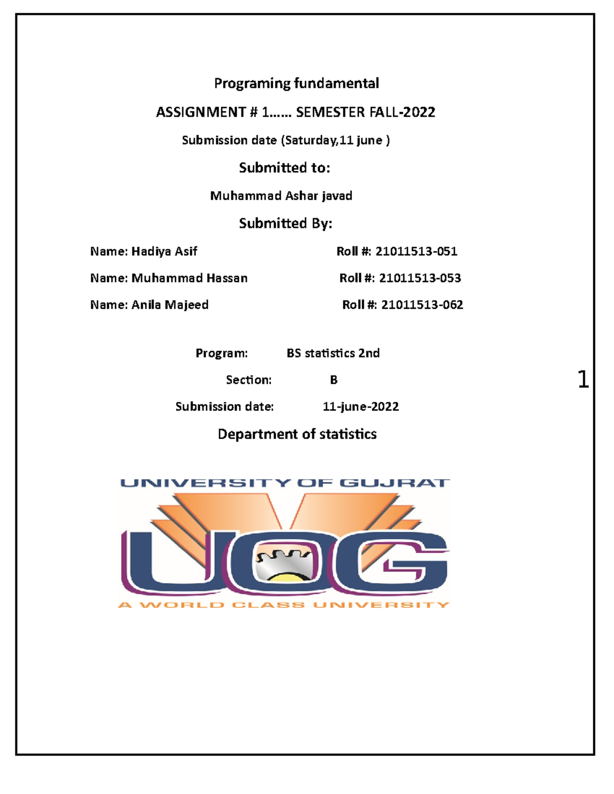 051,053,062 - very good work - Programing fundamental ASSIGNMENT # 1 ...