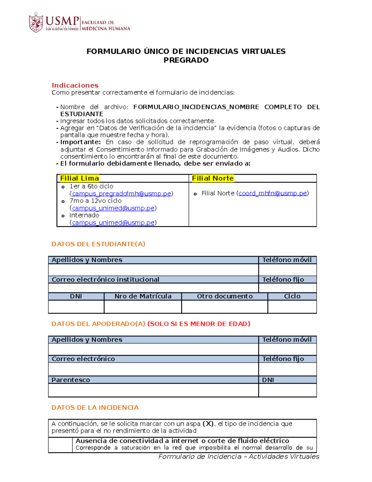Formulario Incidencias Medicina Humana - FORMULARIO ÚNICO DE ...