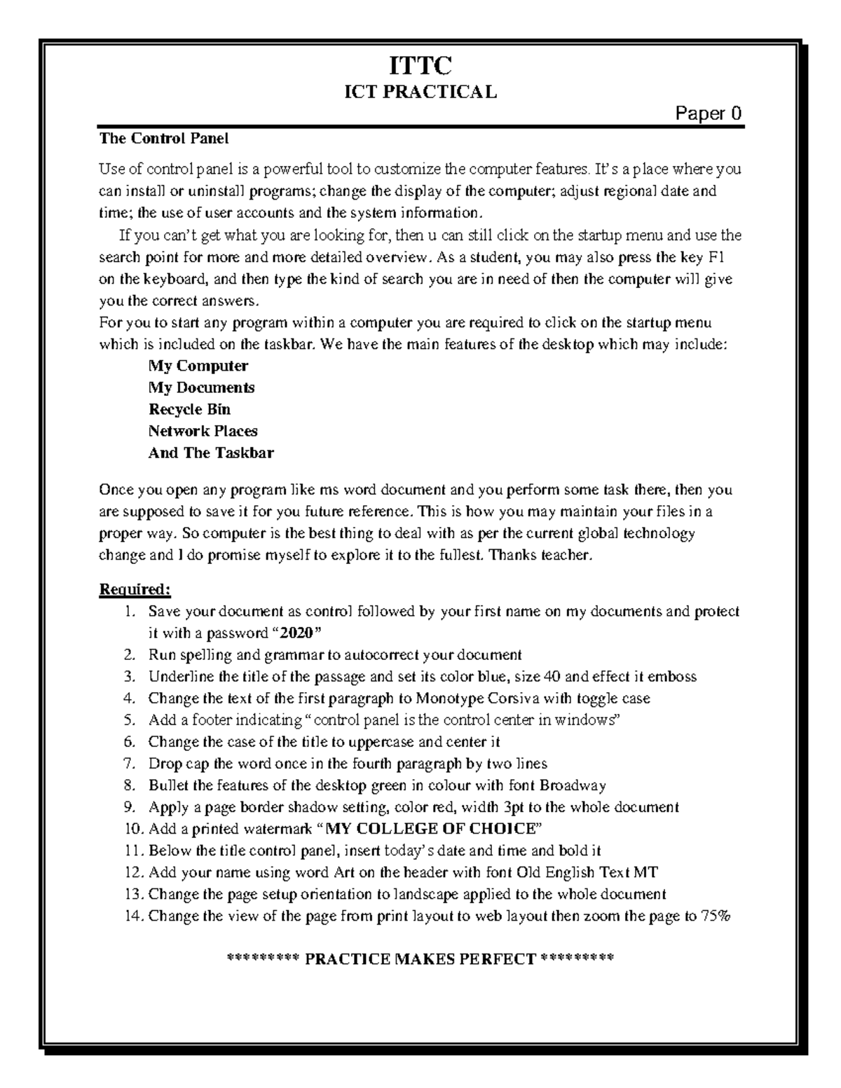 P3 control pannel - ict skills practical - ITTC ICT PRACTICAL Paper 0 ...
