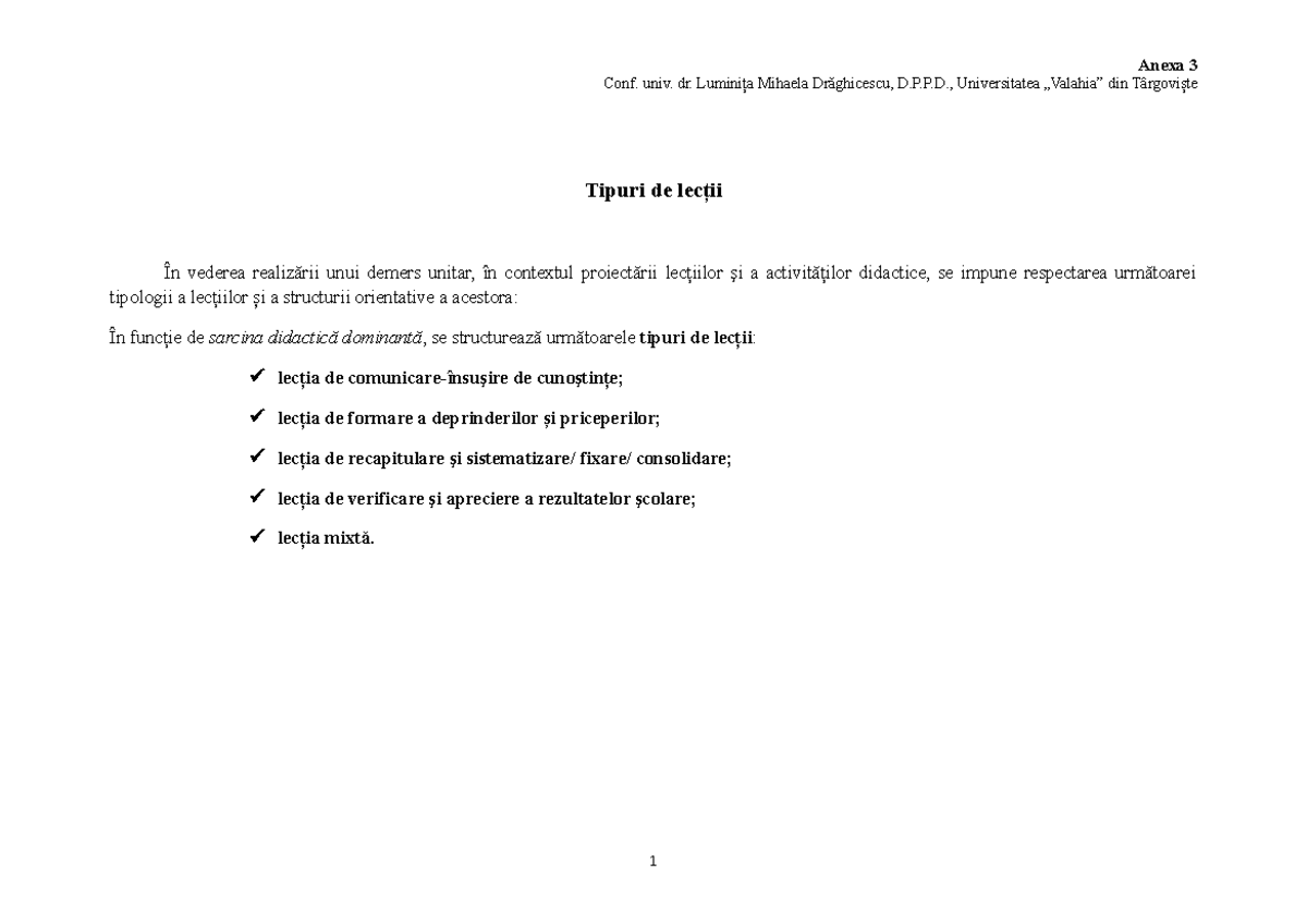 Anexa 3 Structura proiect didactic Tipuri de lecţii - Anexa 3 Conf ...