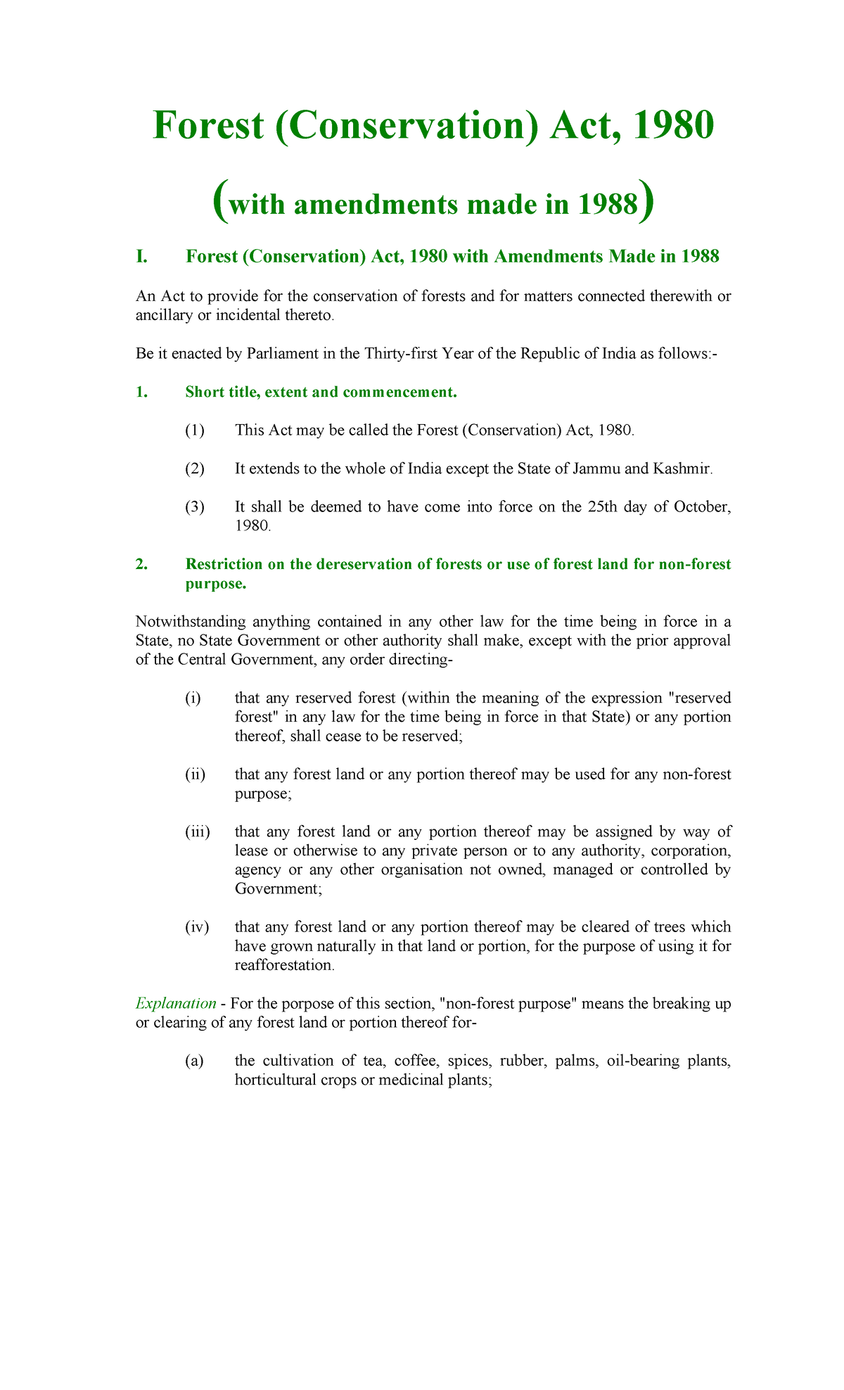 Forest act 1980 - Forest (Conservation) Act, 1980 (with amendments made ...