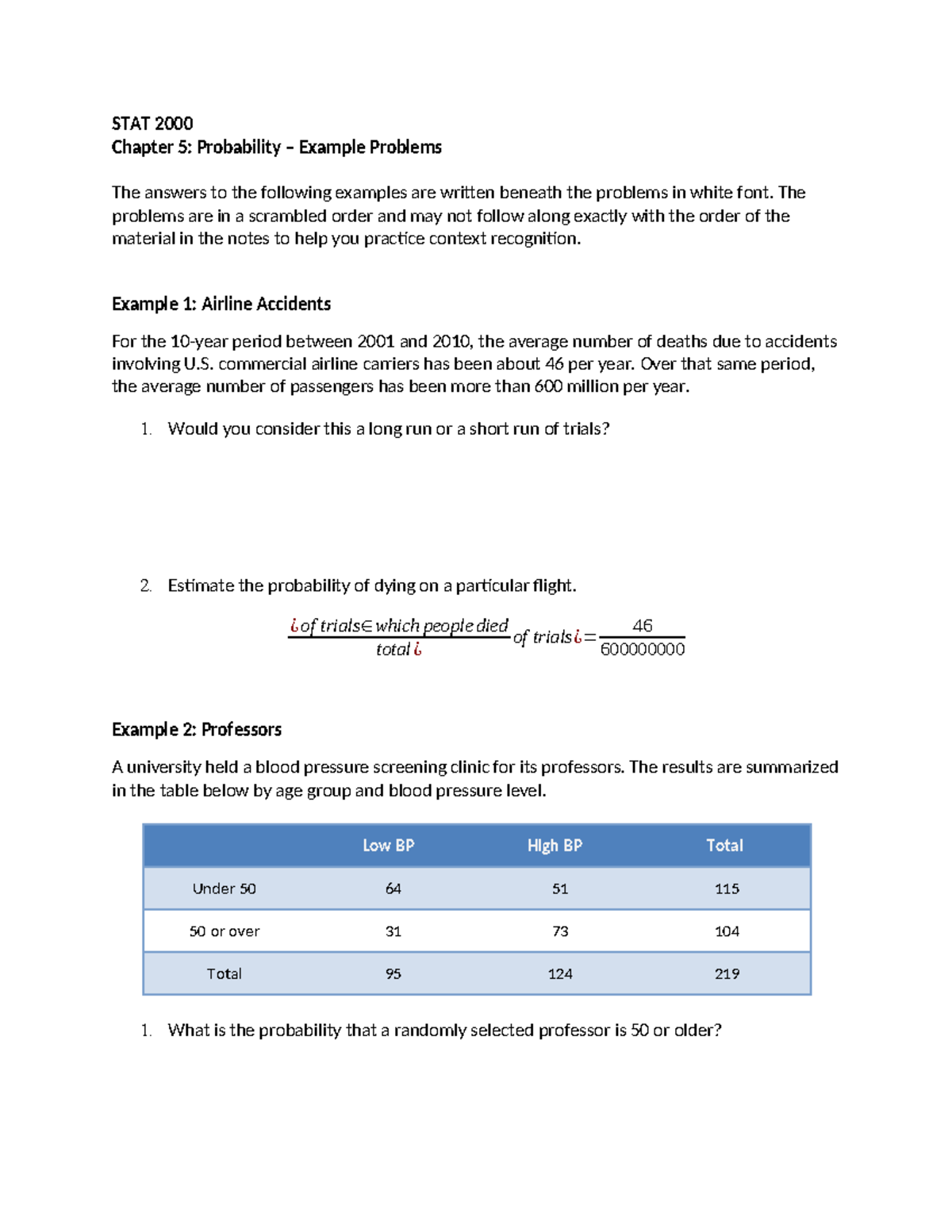 Chapter 5 Examples Su20 - STAT 2000 Chapter 5: Probability – Example Problems The answers to the ...