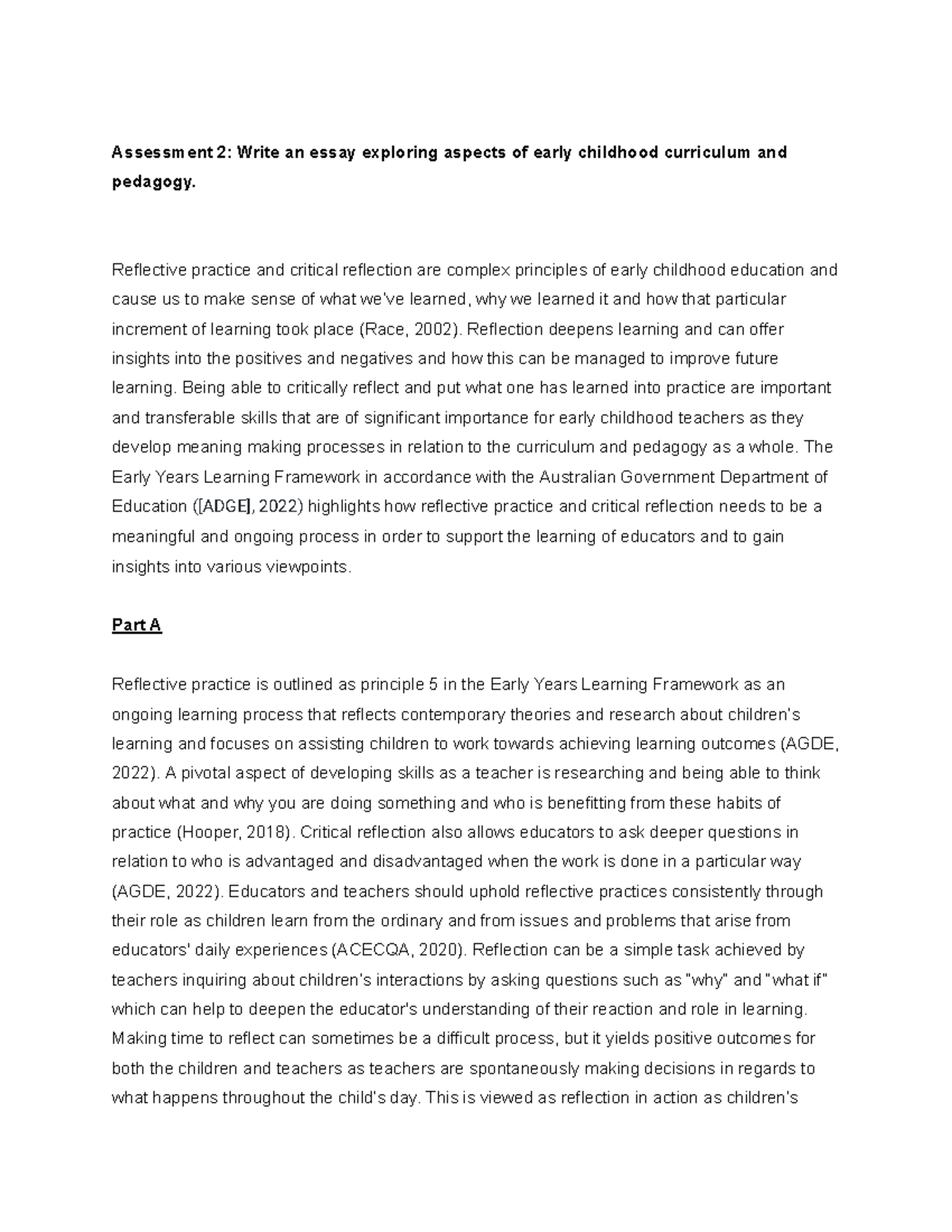 Assessment 2 - Write an essay exploring aspects of early childhood ...
