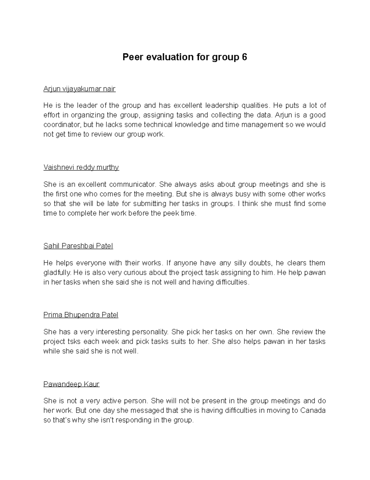 Peer evaluation for group 6 aby poulose - Peer evaluation for group 6 ...