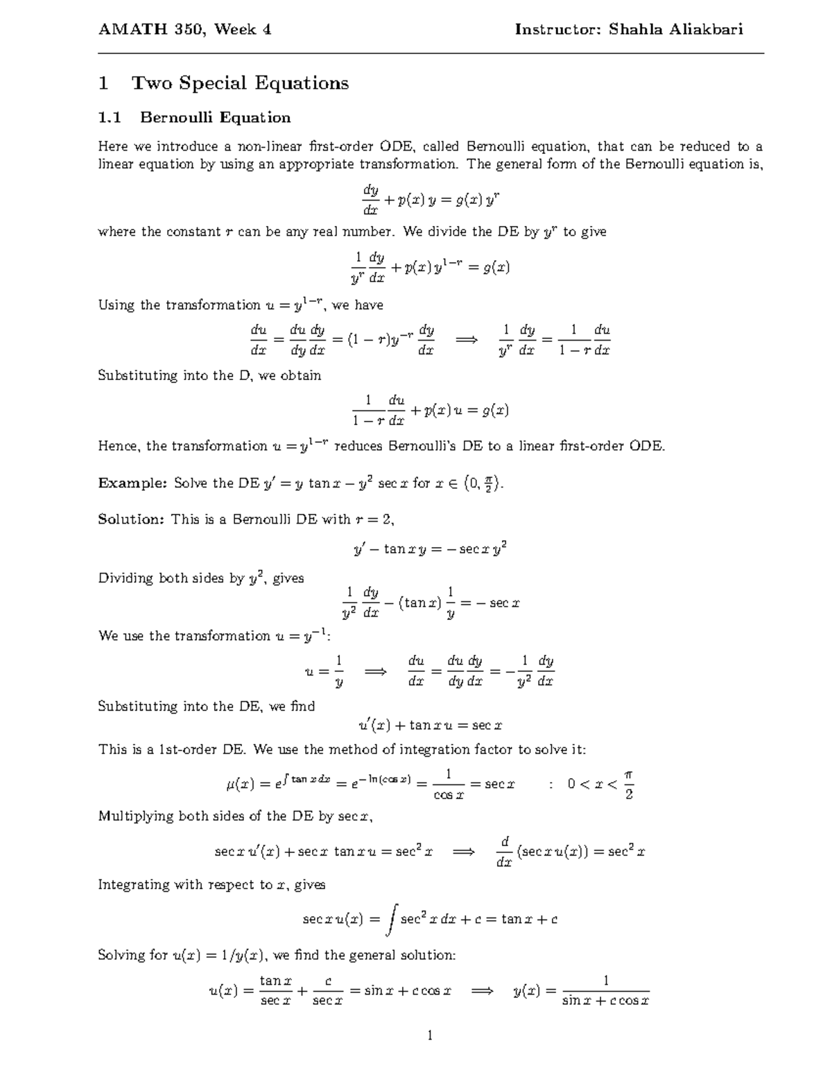 Week4 - lecture notes - AMATH 350, Week 4 Instructor: Shahla Aliakbari ...