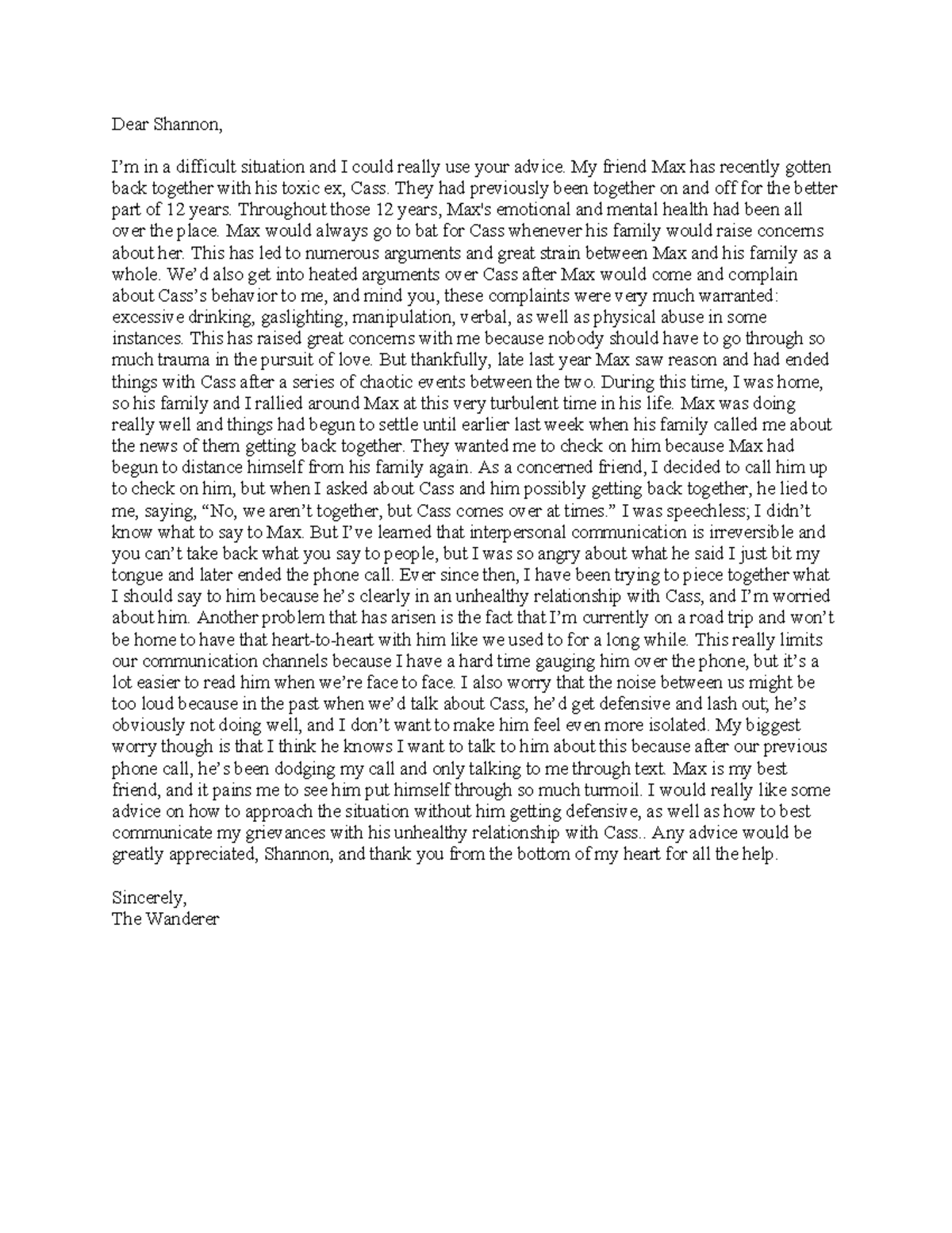 Assignment 3 - Dear Shannon Part 2 - Copy - Dear Shannon, I’m in a ...