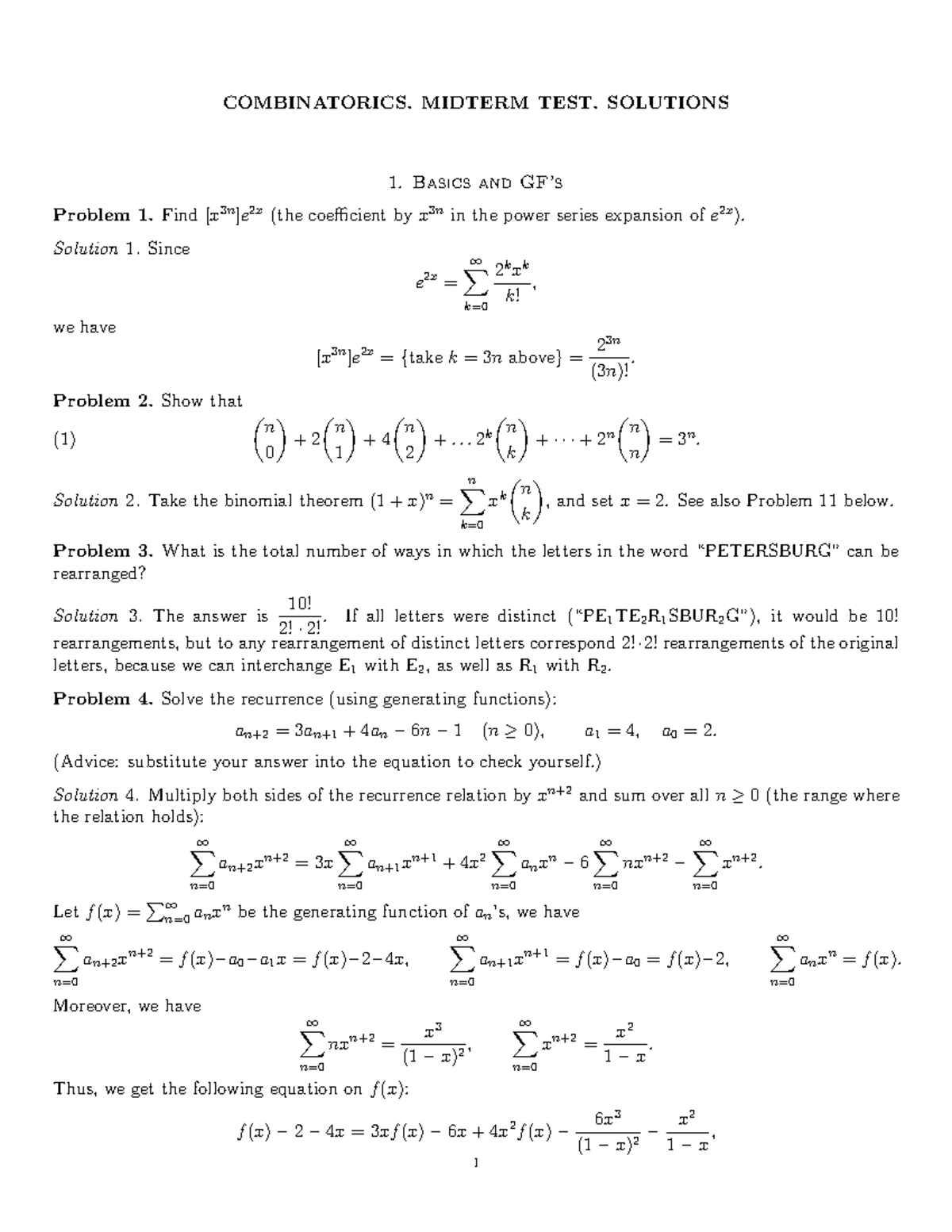 2016 Fall Midterm and Solutions - Basics and GF’s Problem 1. Find [x 3 n]e 2 x (the coefficient ...