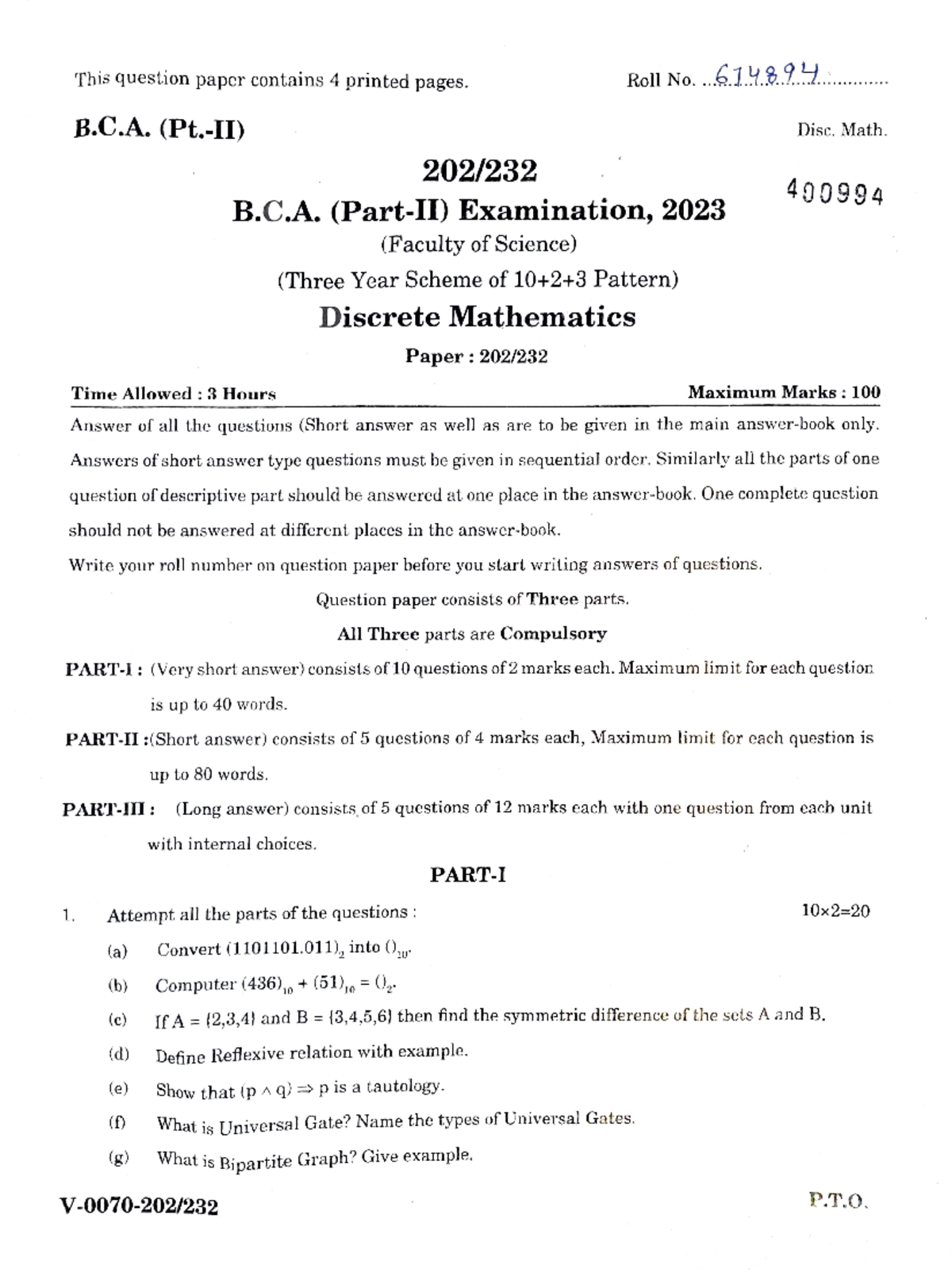 Discrete mathematics 2023 - This question paper contains 4 printed ...