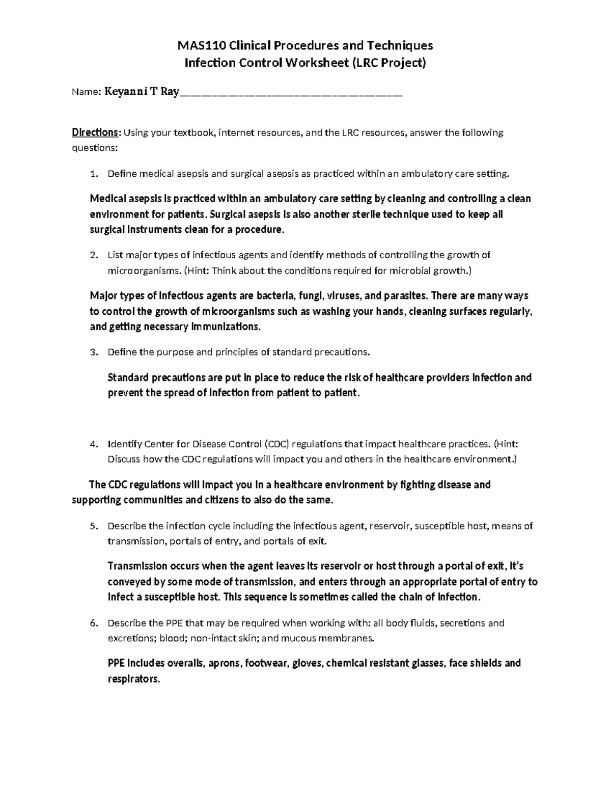 MAS110 Week 1 Infection Control Worksheet-2 - MAS110 Clinical ...