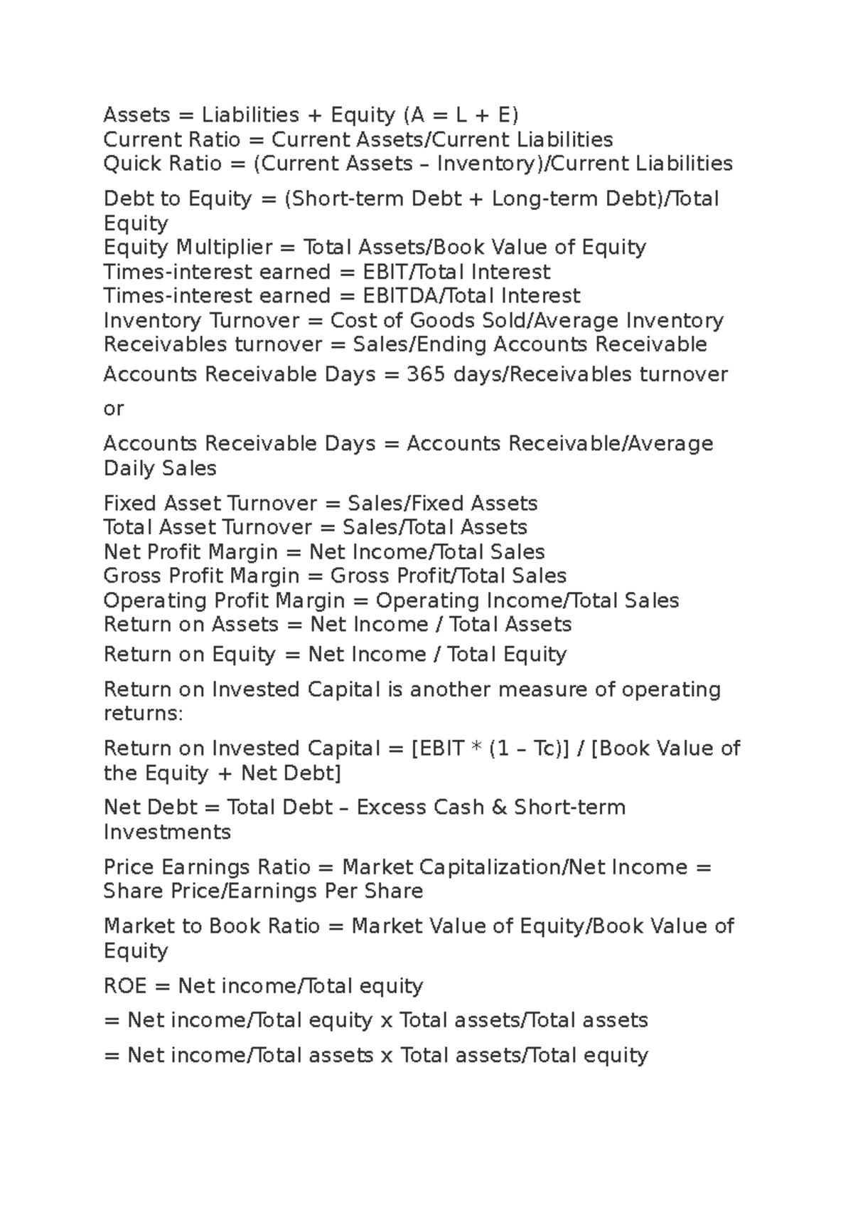 FIN300 Formula - Assets = Liabilities + Equity (A = L + E) Current ...
