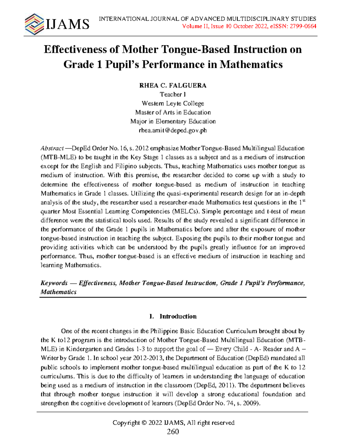 Ijams WLC 260 270 - bot - IJAMS Volume II, Issue 10 October 2022, eISSN: 2799- 0664 Copyright ...