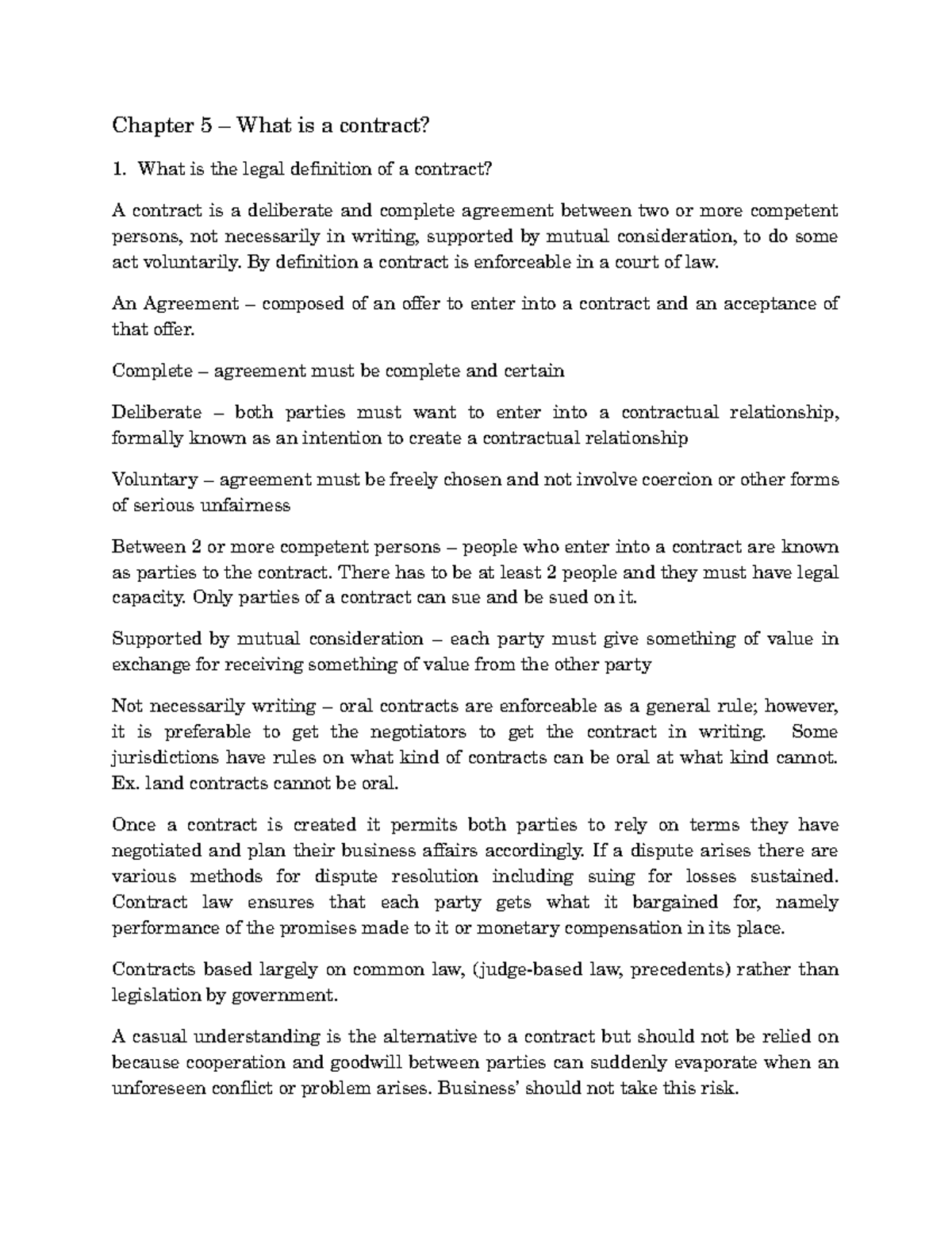 Law CH 5 - lecture notes/text book notes and end of chapter/in class ...