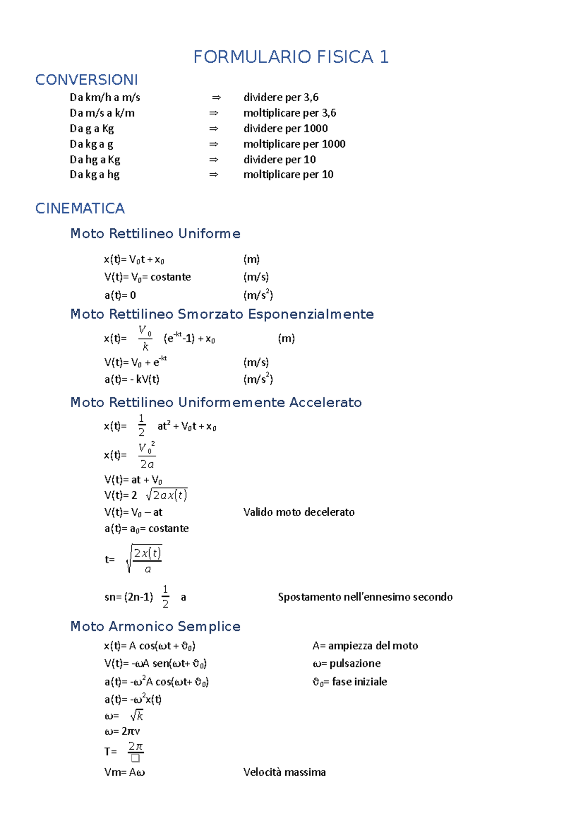 Formulario Fisica 1 FORMULARIO FISICA 1 CONVERSIONI Da A Da A Da G A