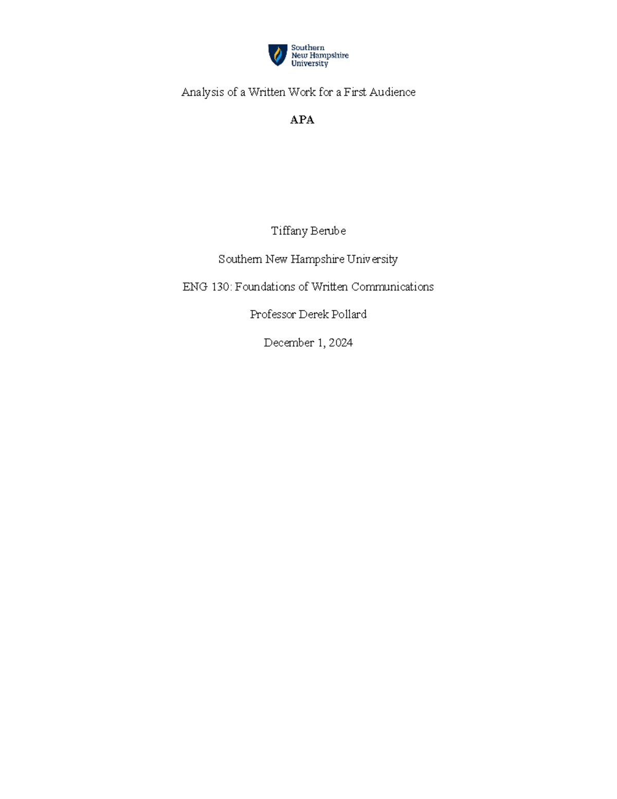 ENG 130 Module Five Analysis of a Written Work for a First Audience APA Template - Analysis of a ...