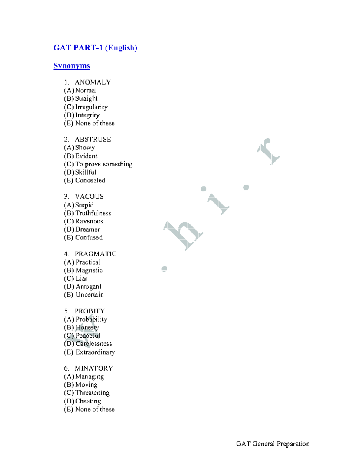 GAT Preparatory - Best practice - GAT PART-1 (English) Synonyms 1 ...