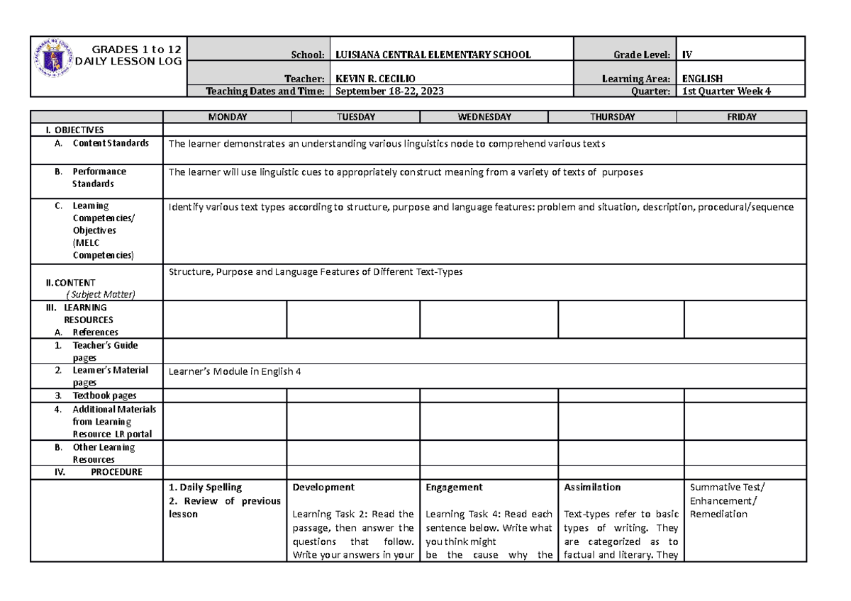 Grade 4 Q1 Week 4 DLL-Pivot - GRADES 1 to 12 DAILY LESSON LOG School ...